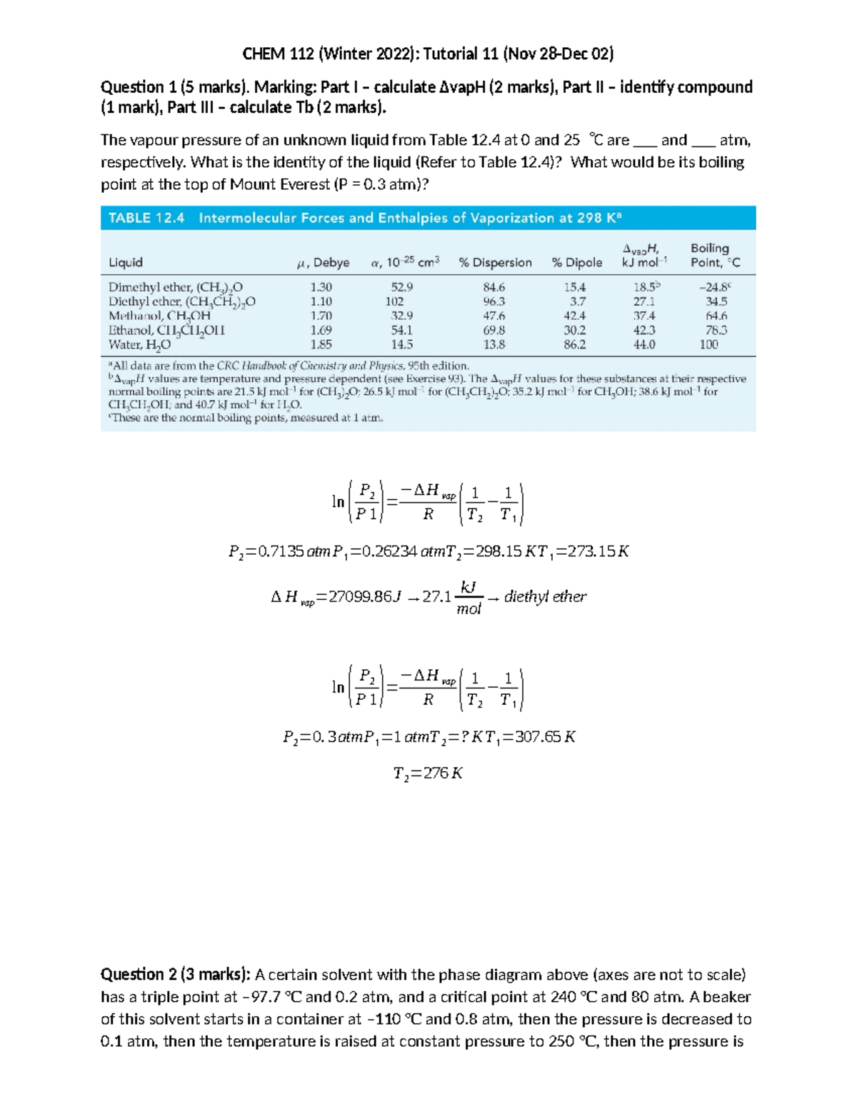 tut 11 quiz answers - CHEM 112 (Winter 2022): Tutorial 11 (Nov 28-Dec ...
