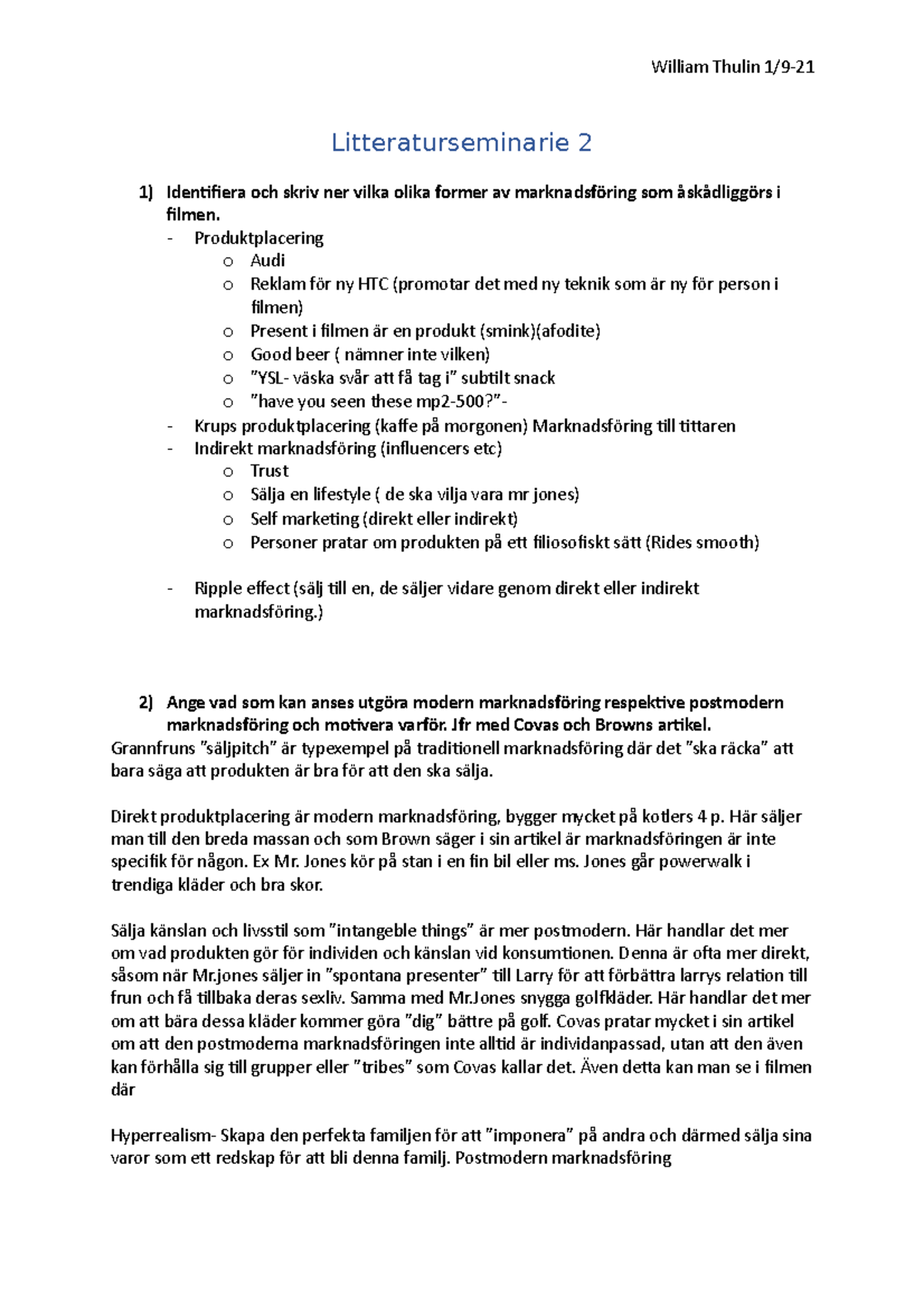Litteraturseminarium 2 strategisk marknadsföring - William Thulin 1/9 ...