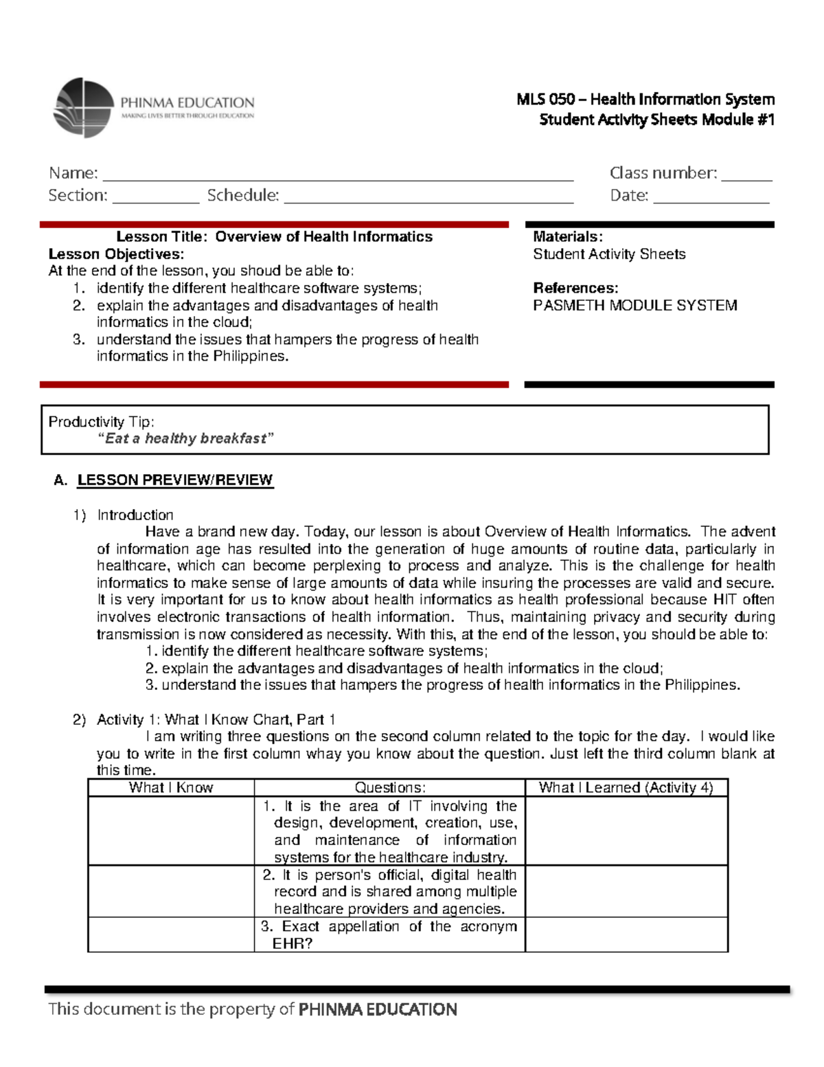 SAS1-MLS050 - MLS - Student Activity Sheets Module # 1 Name: - Studocu