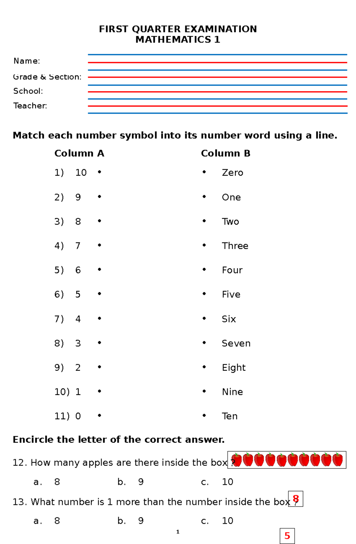 1st Quarter Test (Math1) - Teacher: School: Grade & Section: Name ...