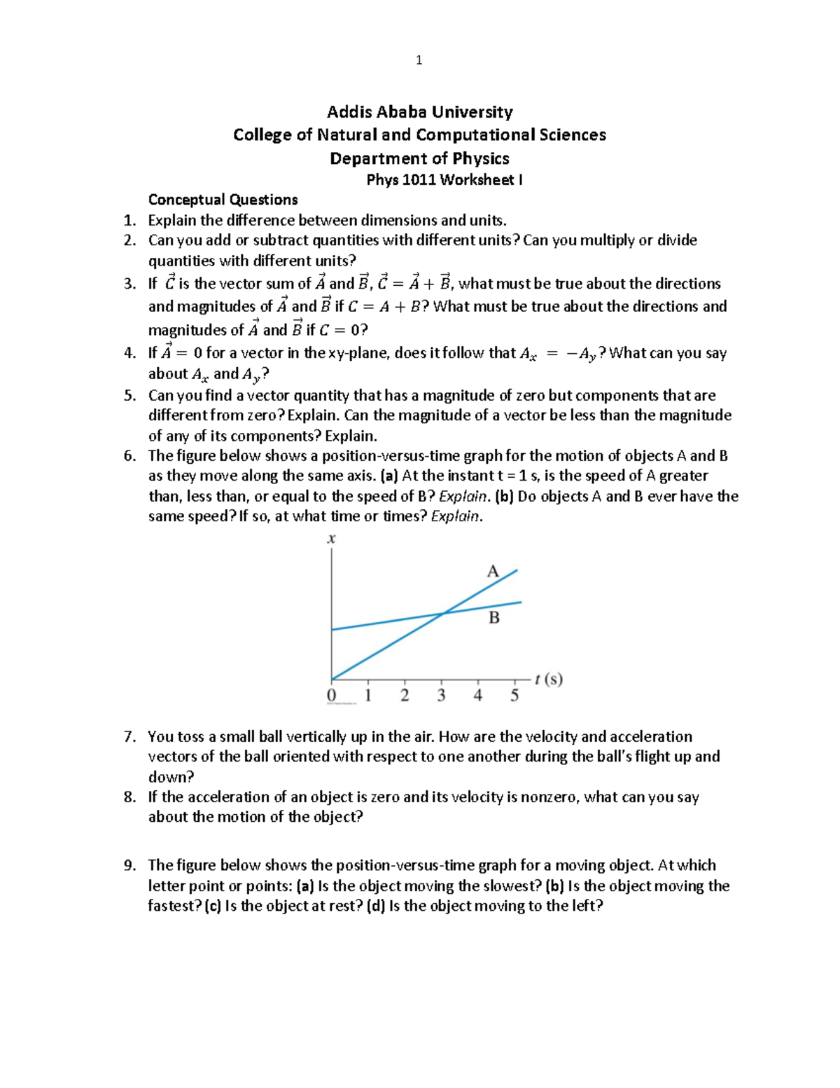 Phys 1011 workshet 1 Chs - Addis Ababa University College of Natural ...