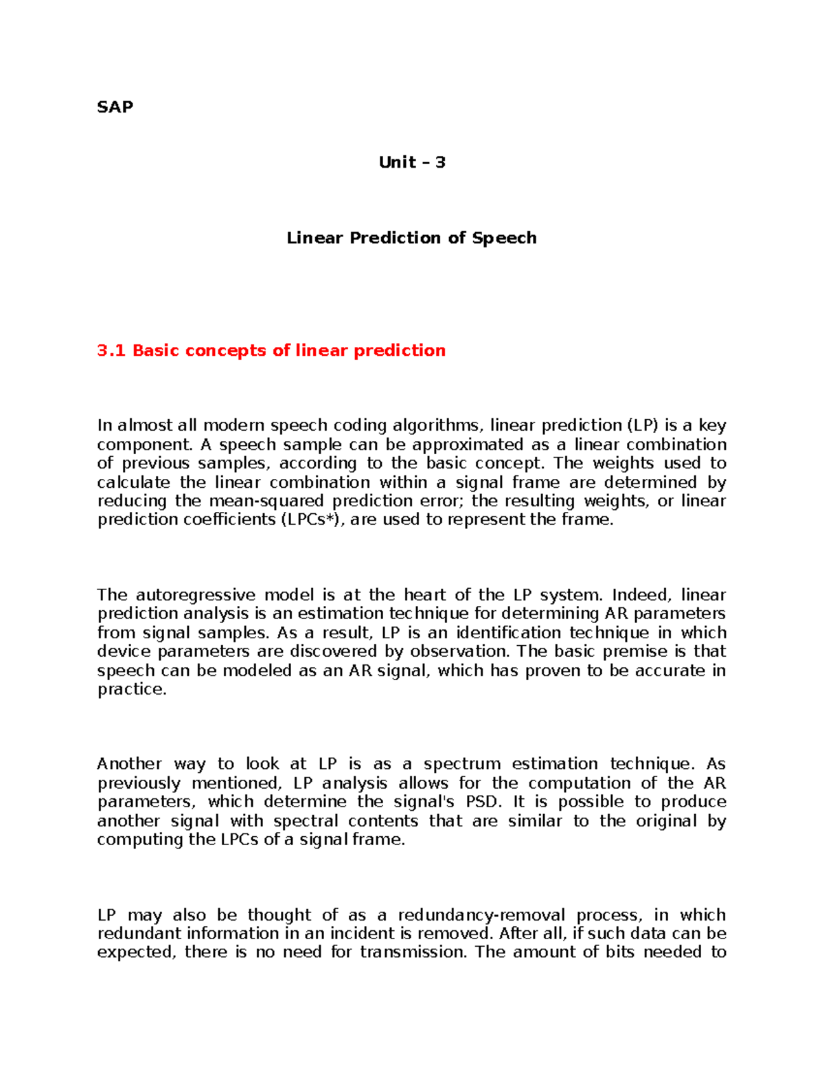 SAP 3 - Linear Prediction of Speech- Basic concepts of linear prediction; Linear Prediction ...