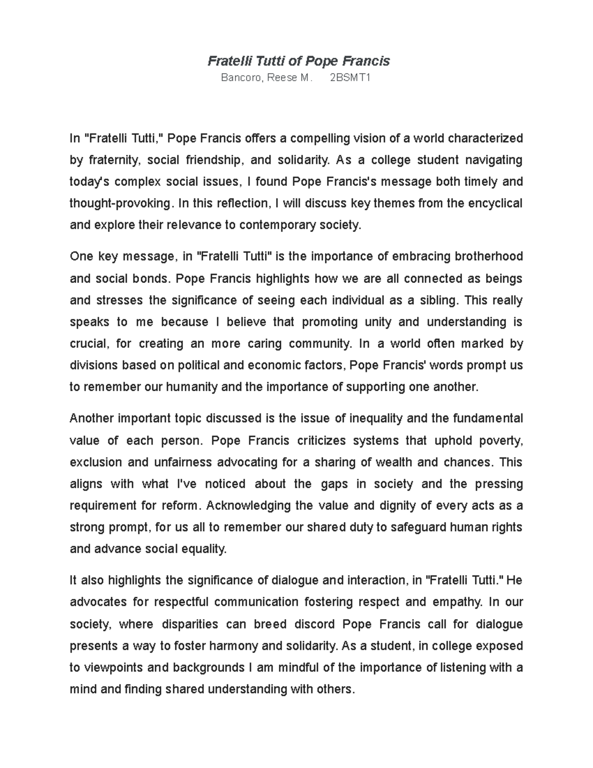 Final Term Task 2 - Fratteli Tutti by Pope Francis Reflection ...