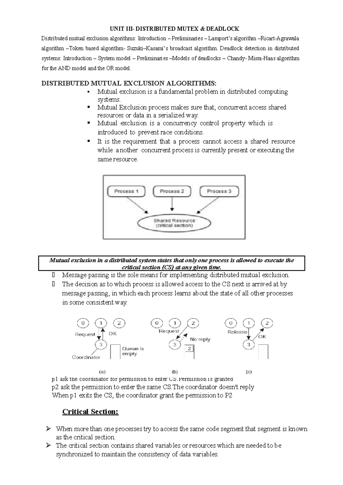 CS3551 UNIT III Notes - none - UNIT III- DISTRIBUTED MUTEX & DEADLOCK ...