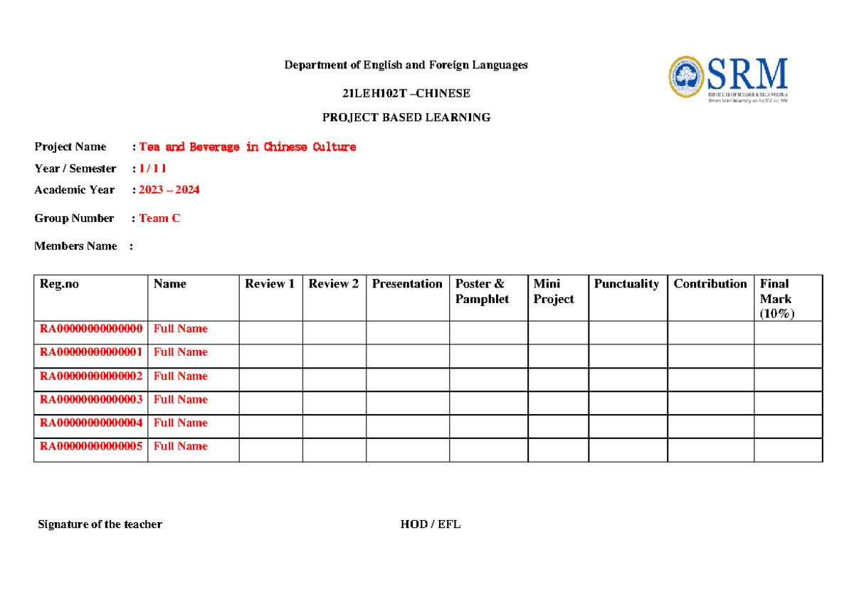 Final PBL marksheet - Sample - Department of English and Foreign Languages 21LEH102T – CHINESE ...