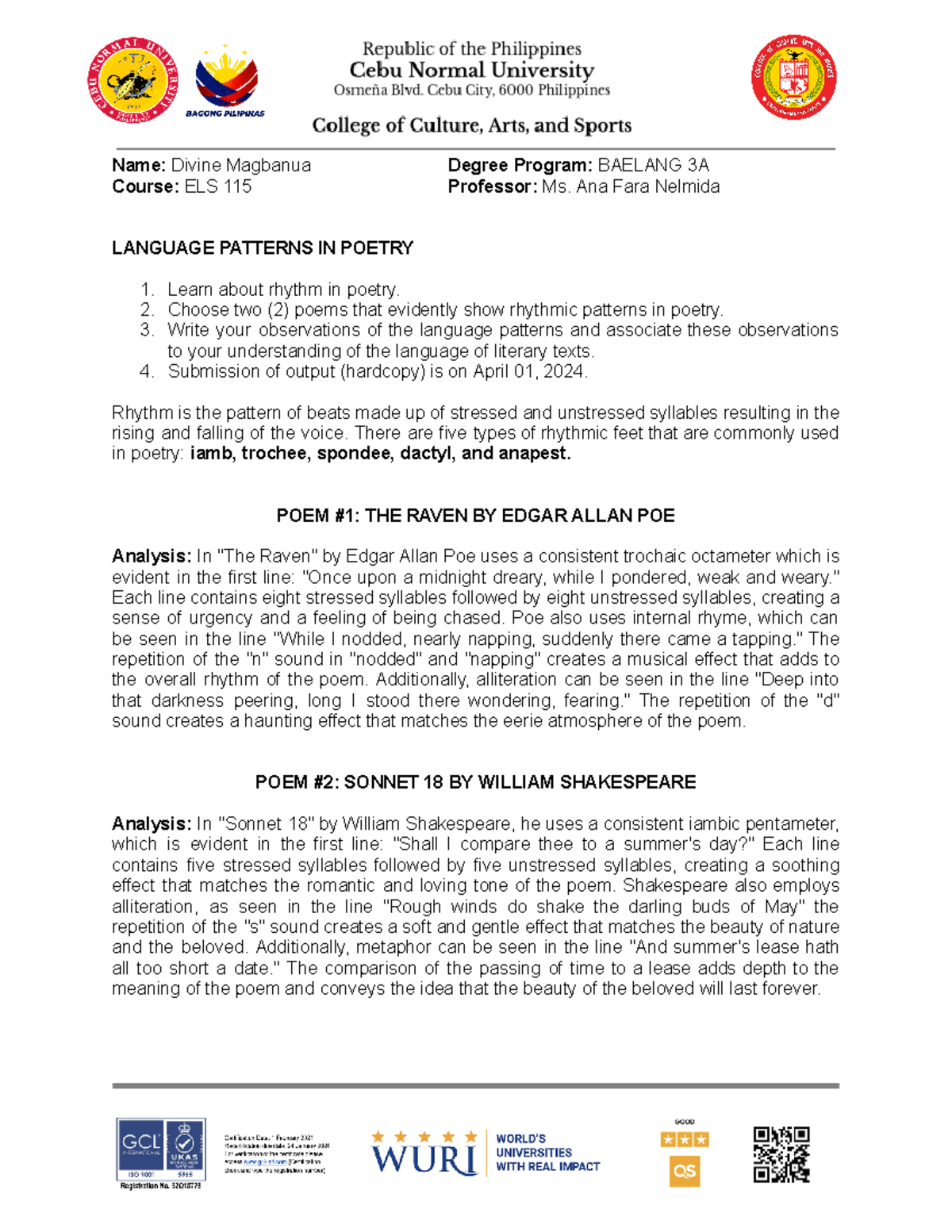 ELS 115 - Magbanua, Divine - Name: Divine Magbanua Degree Program ...