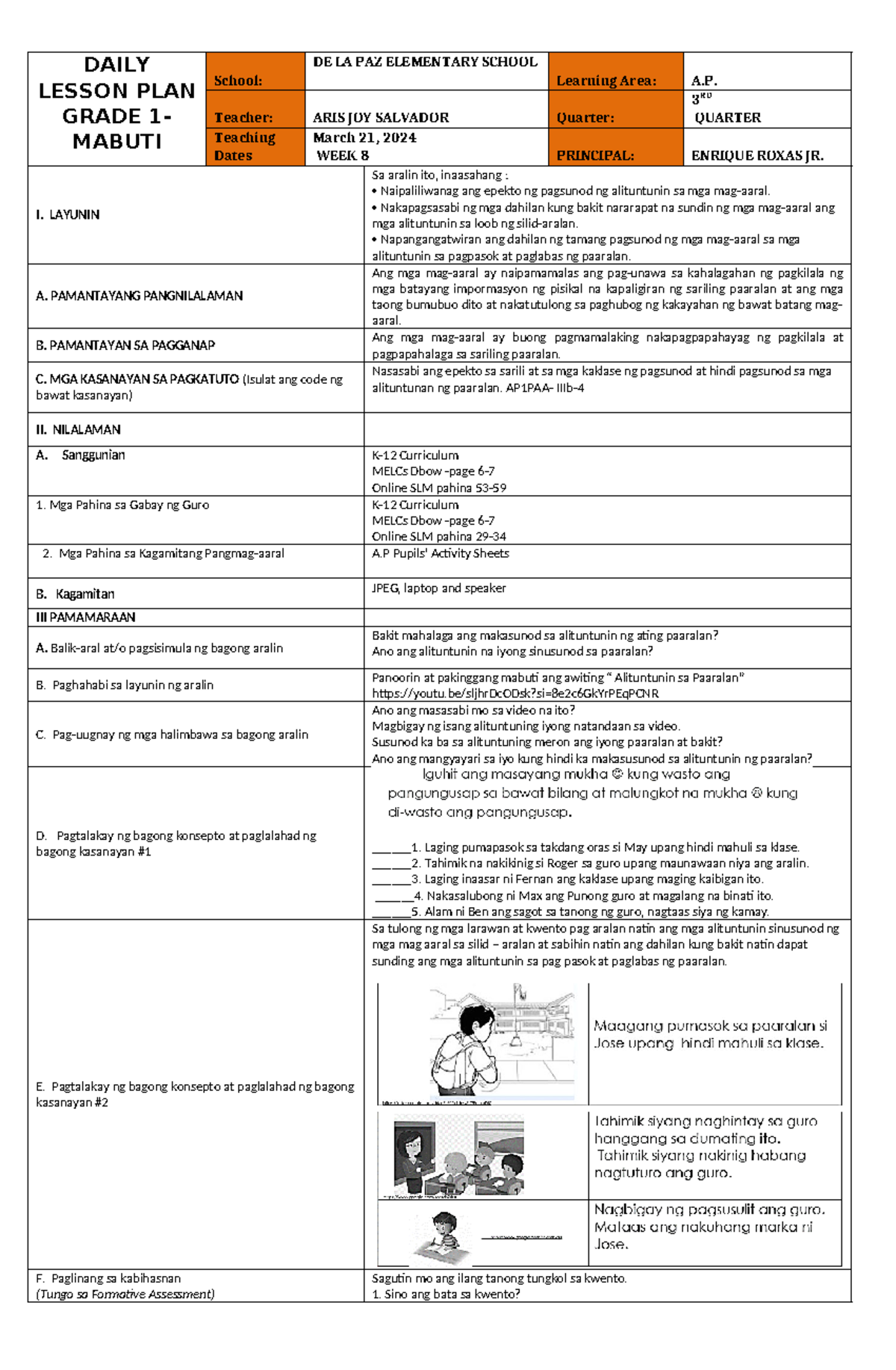 AP D4 W8 - Grade 1 DLP - DAILY LESSON PLAN GRADE 1- MABUTI School: DE ...
