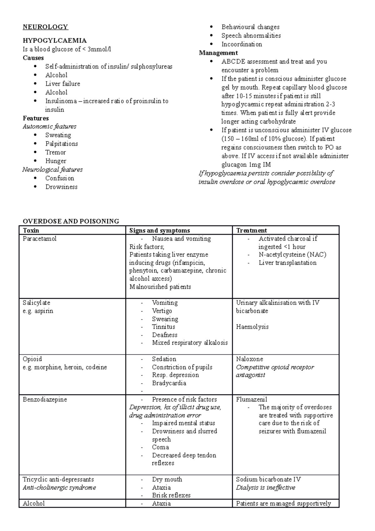 Neurology - Summary notes - NEUROLOGY HYPOGYLCAEMIA Is a blood glucose of