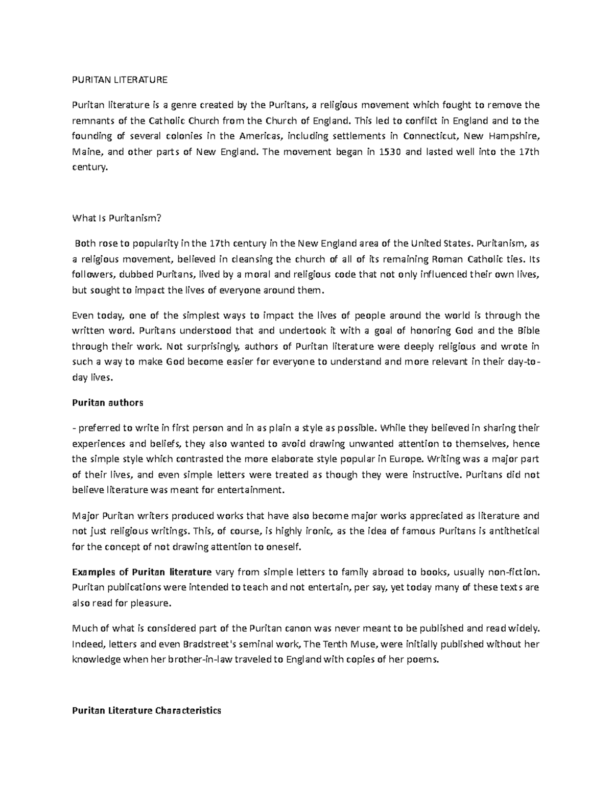 English American Literature Group 2 - PURITAN LITERATURE Puritan ...