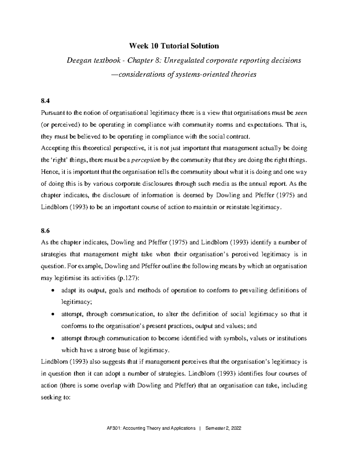 AF301 Week 10 Tutorial Solution - Week 10 Tutorial Solution Deegan textbook - Chapter 8 : - Studocu