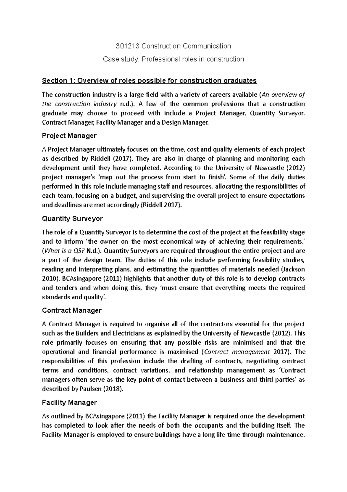 Case Study - Professional Roles in Construction - 301213 Construction ...