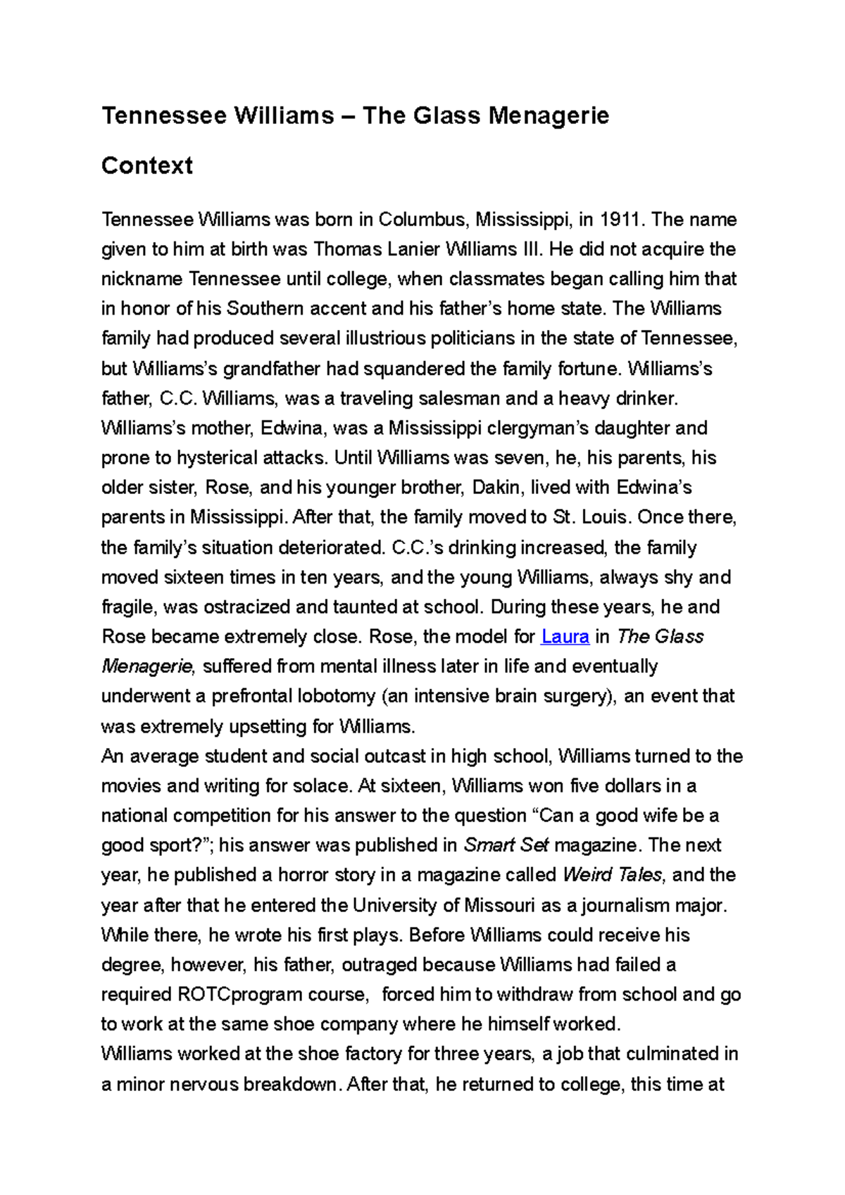 Tennessee Williams - The Glass Menagerie - Context - Tennessee Williams ...