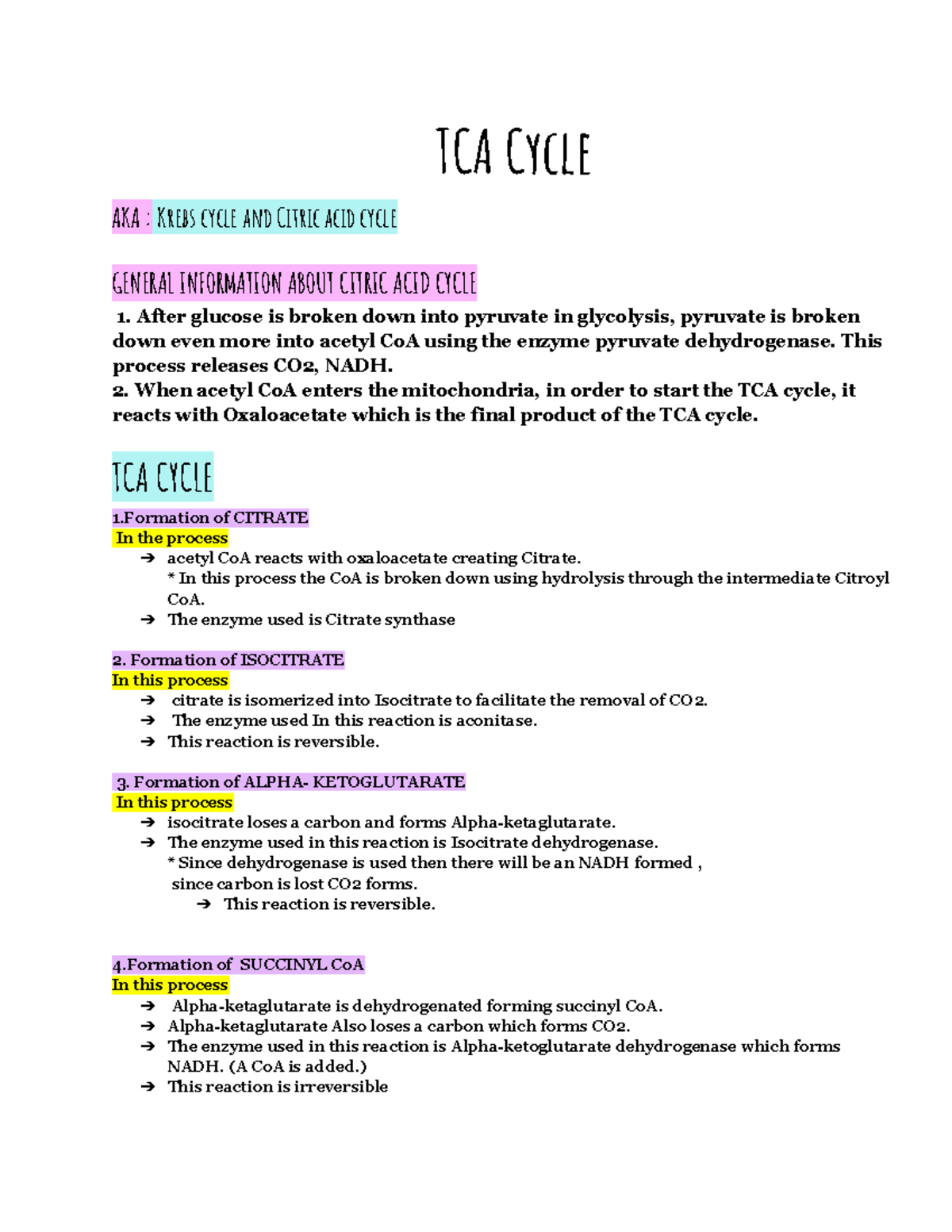 TCA Cycle - Includes everything you need regarding notes - TCA Cycle ...