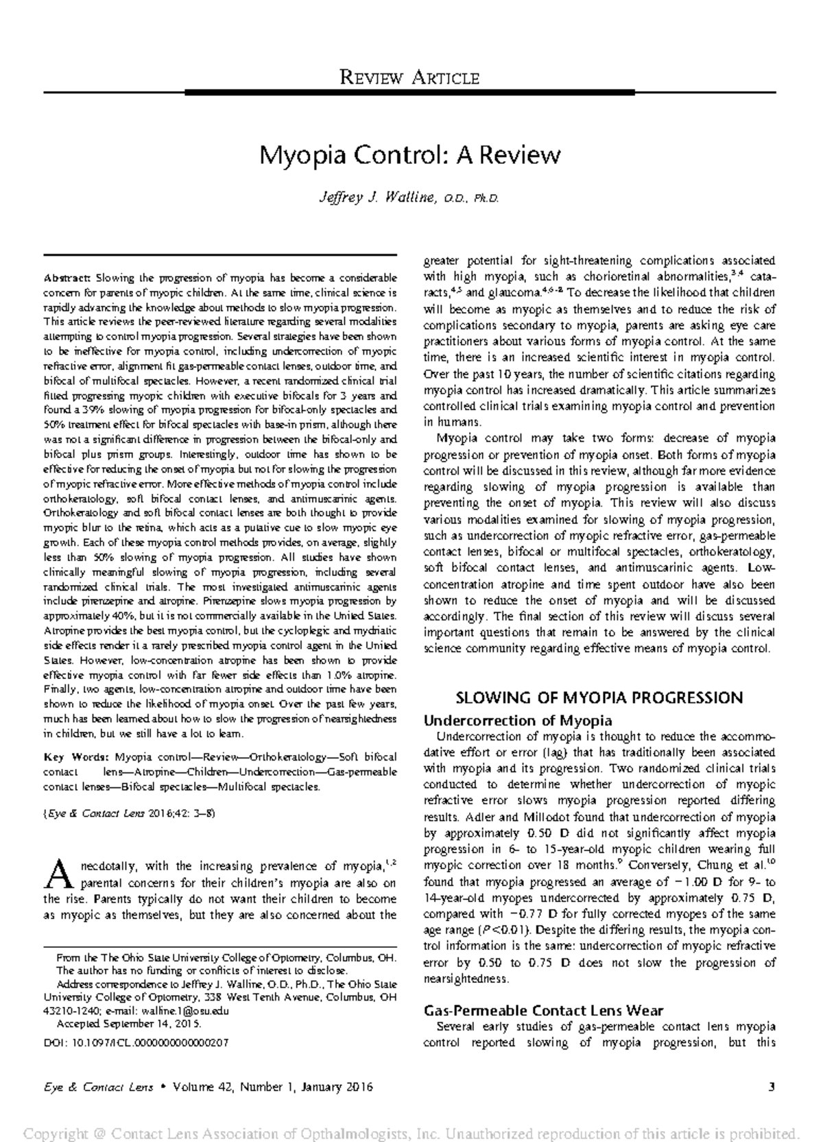 Walline 2016 - gy27 - R EVIEW A RTICLE Myopia Control: A Review Jeffrey ...