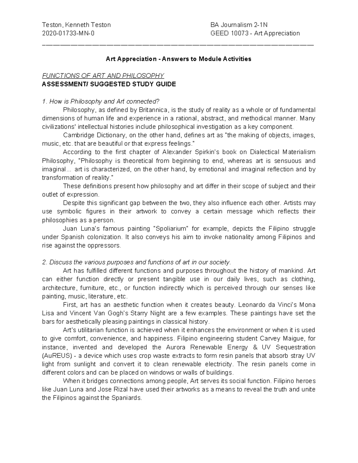 Art Appreciation - Module Activities - 2020-01733-MN-0 GEED 10073 - Art Appreciation Art - Studocu