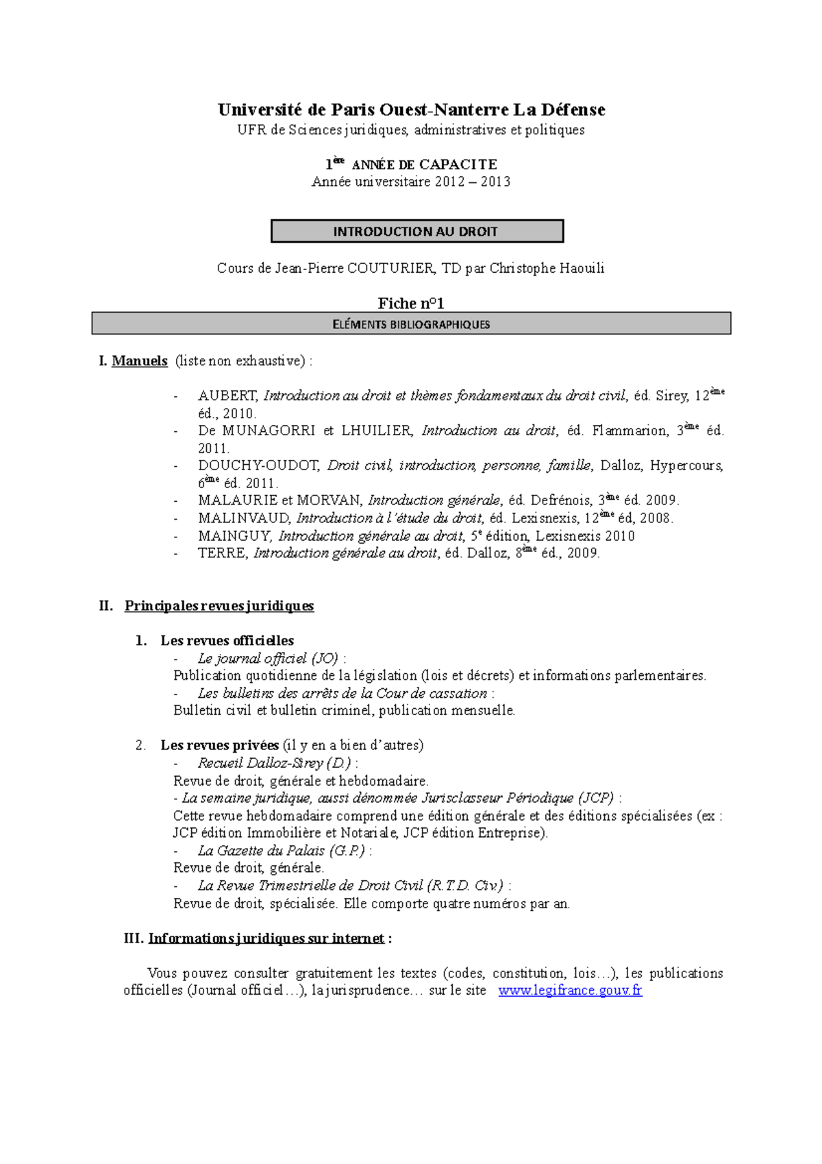 Introduction au Droit - Université de Paris Ouest-Nanterre La Défense UFR de Sciences juridiques ...