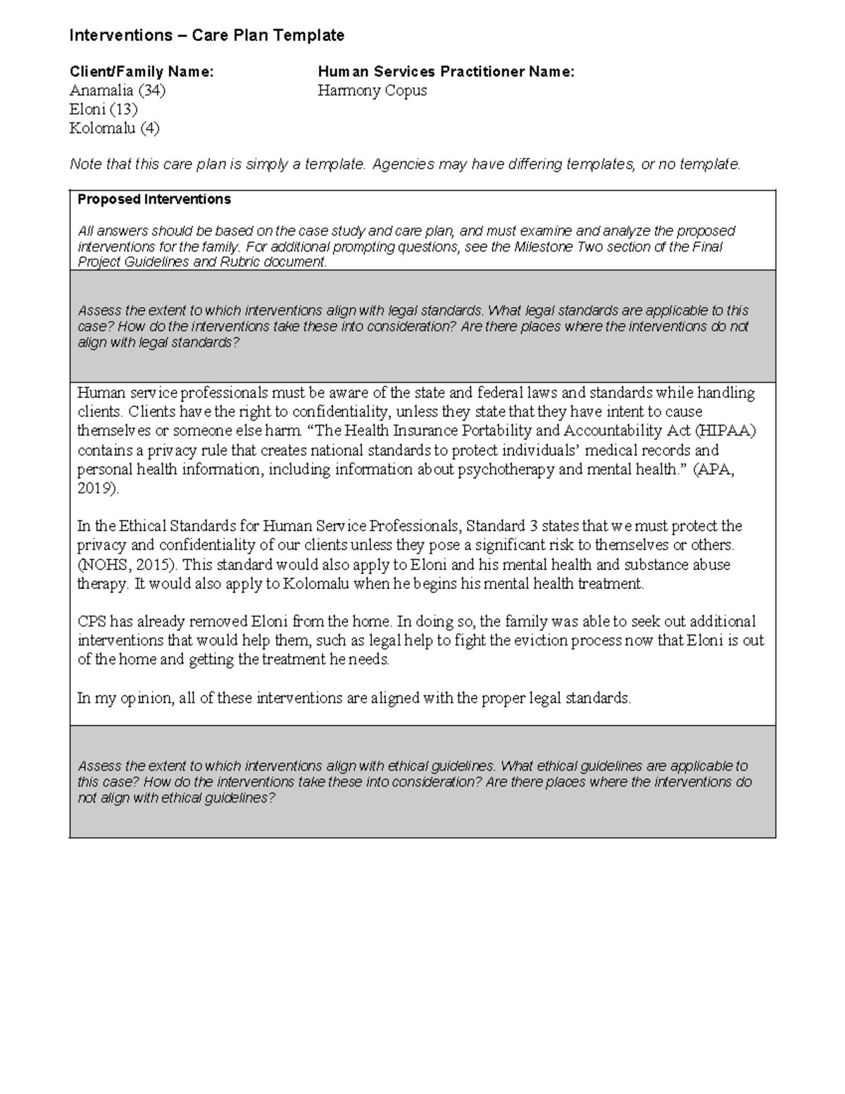 HSE Interventions Care Plan Template - Client/Family Name: Human ...