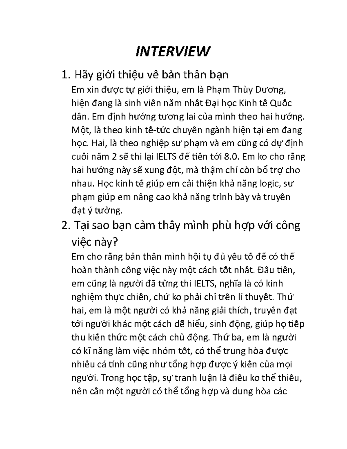 job interview w - INTERVIEW 1. Hãy gi i thi u vềề b n thân b nớ ệ ả ạ Em xin đ ược t ự gi i thi ...