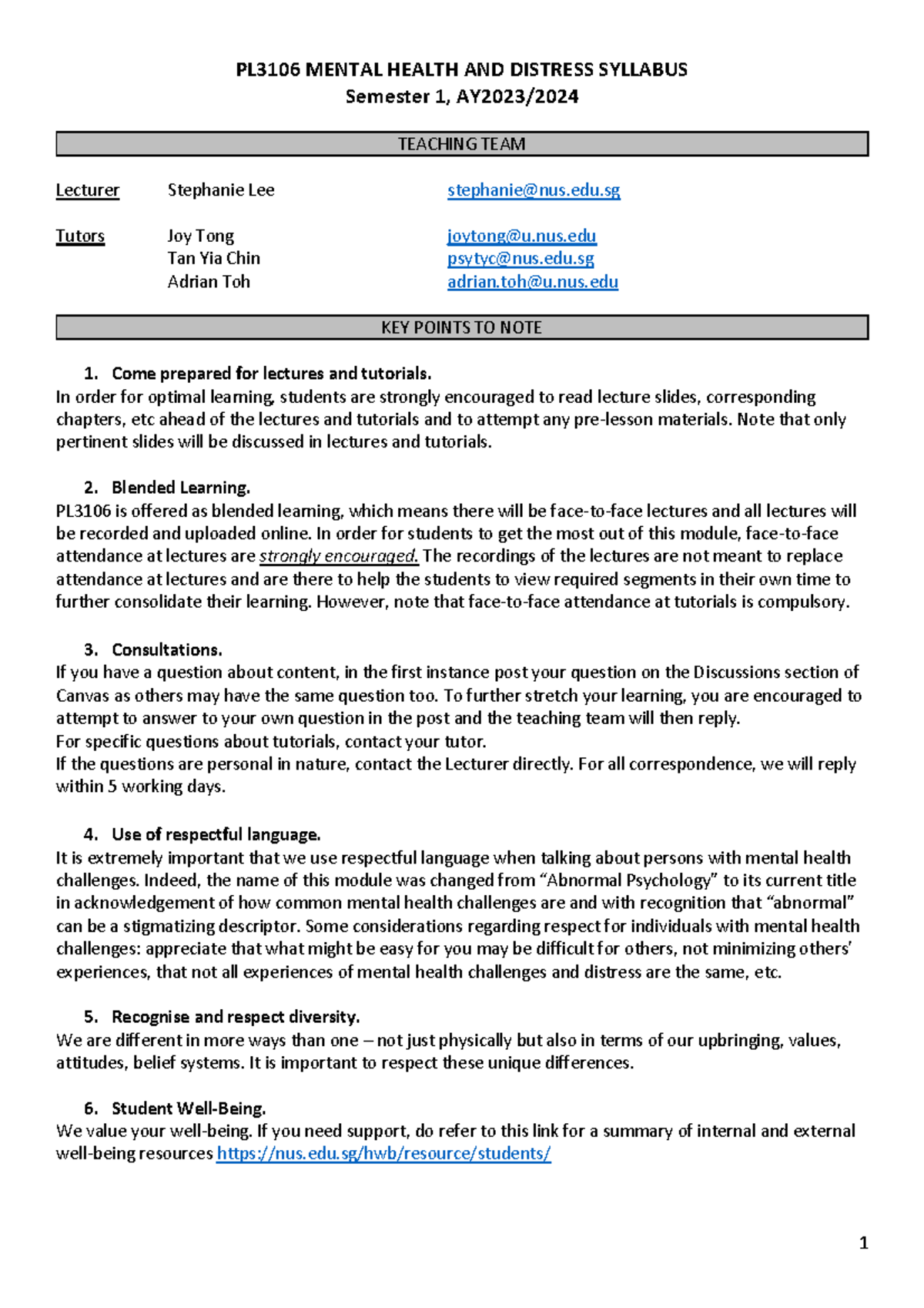 PL3106 Syllabus - 1 PL3 106 MENTAL HEALTH AND DISTRESS SYLLABUS ...