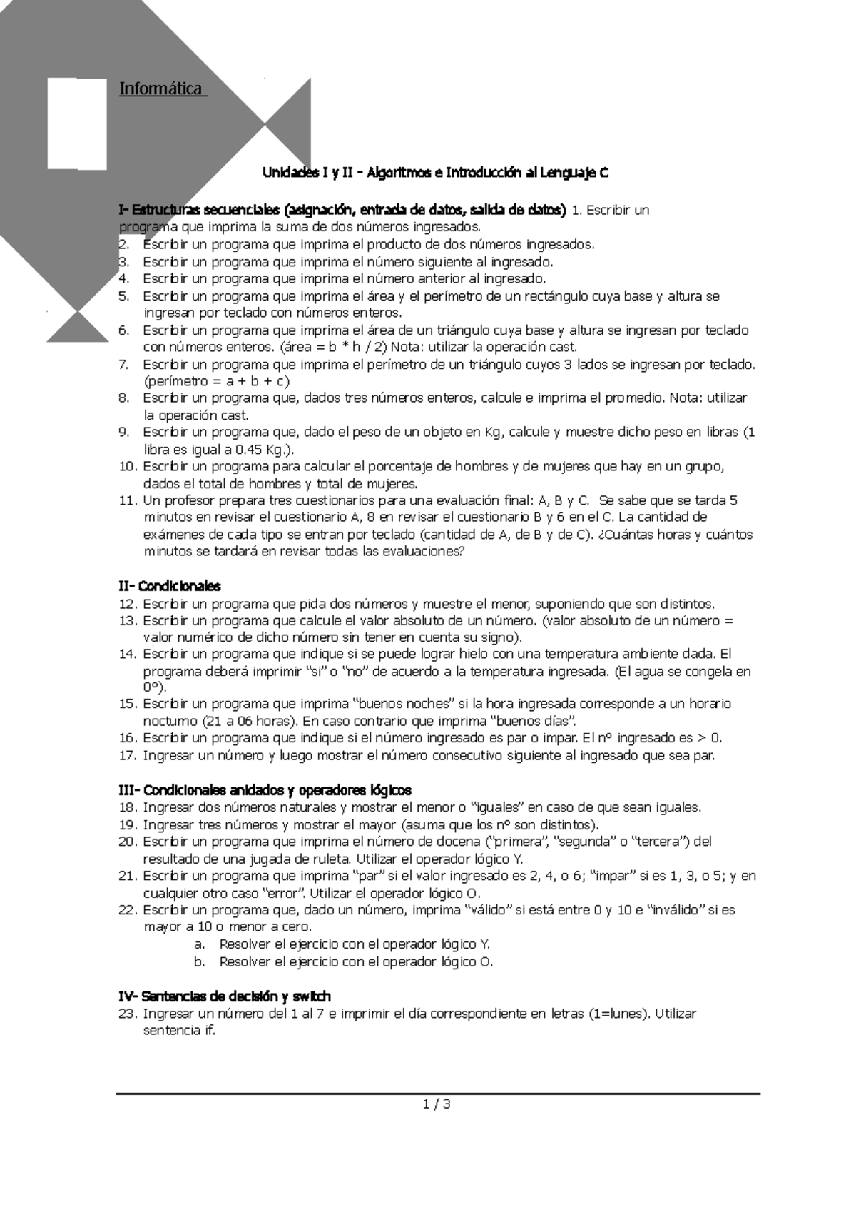 U1 y U2 - Algoritmos y Lenguaje C - Practico mod - Informática Unidades ...