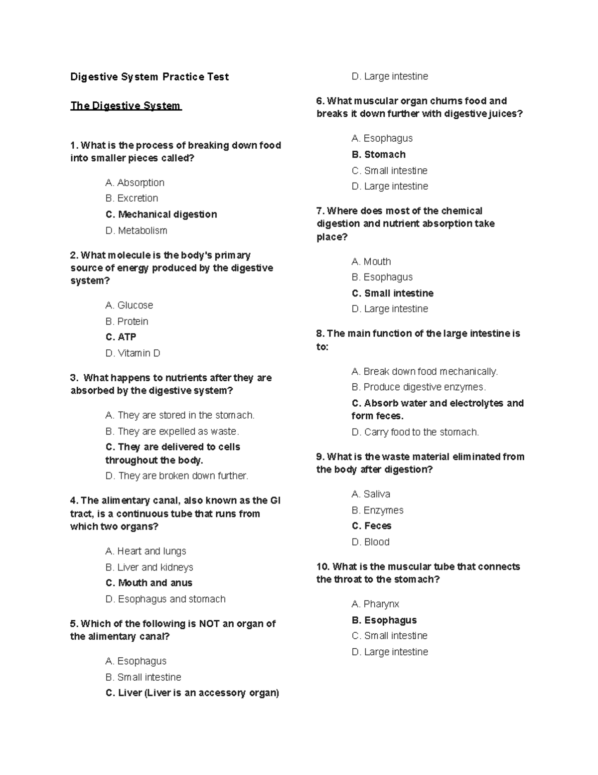 Digestive System Practice Test (with answers ) - Digestive System ...