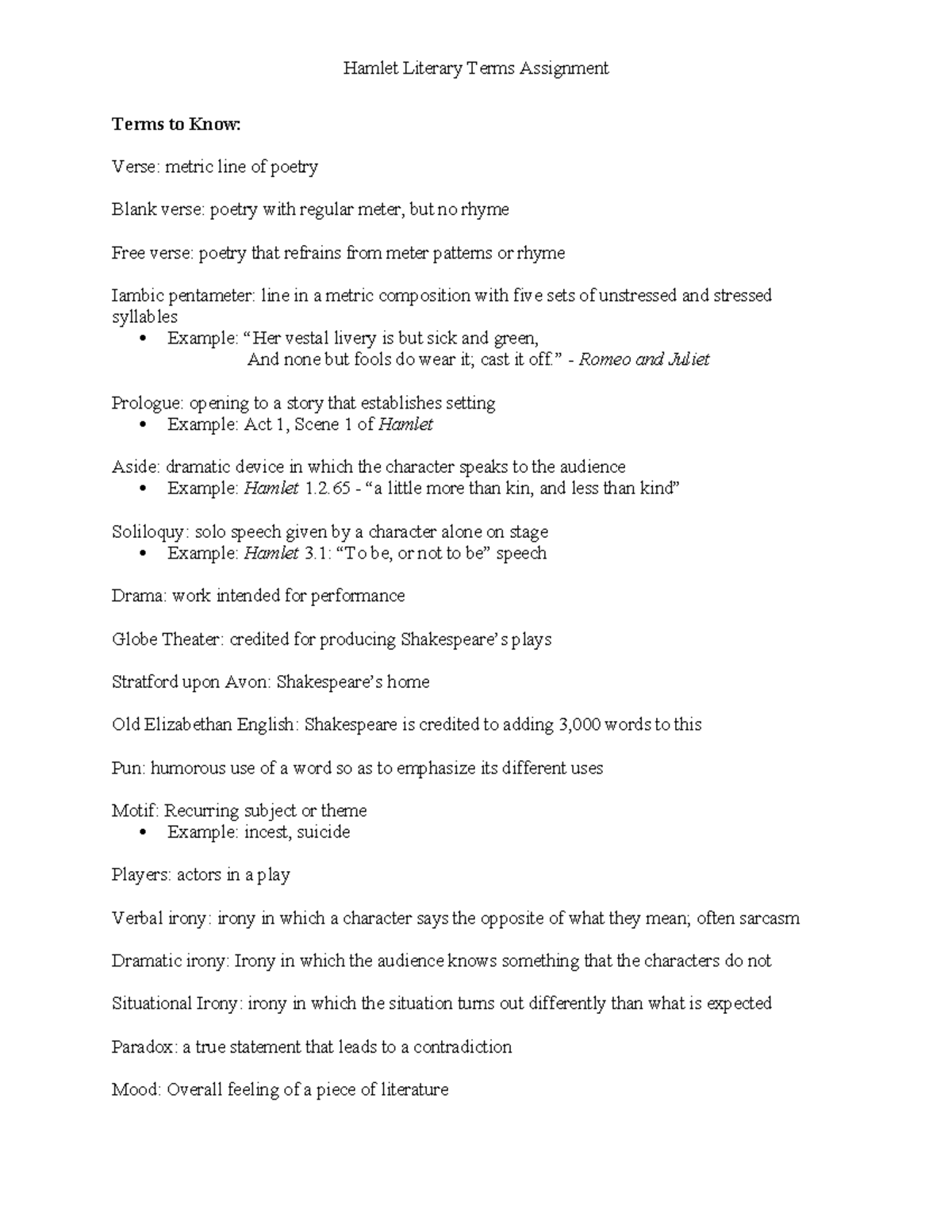 Kannon Hassett - Hamlet Literary Terms Assignment - Terms to Know ...