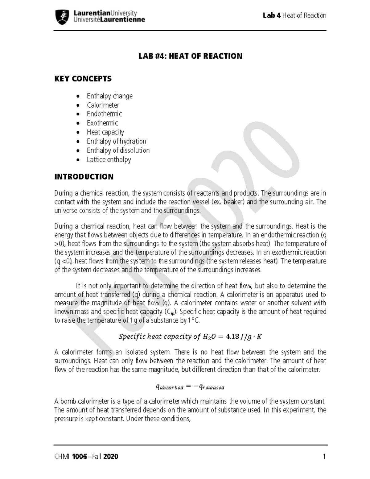 CHMI 1006E - Lab4 Heat of Reaction - Fall2019 - LAB #4: HEAT OF ...