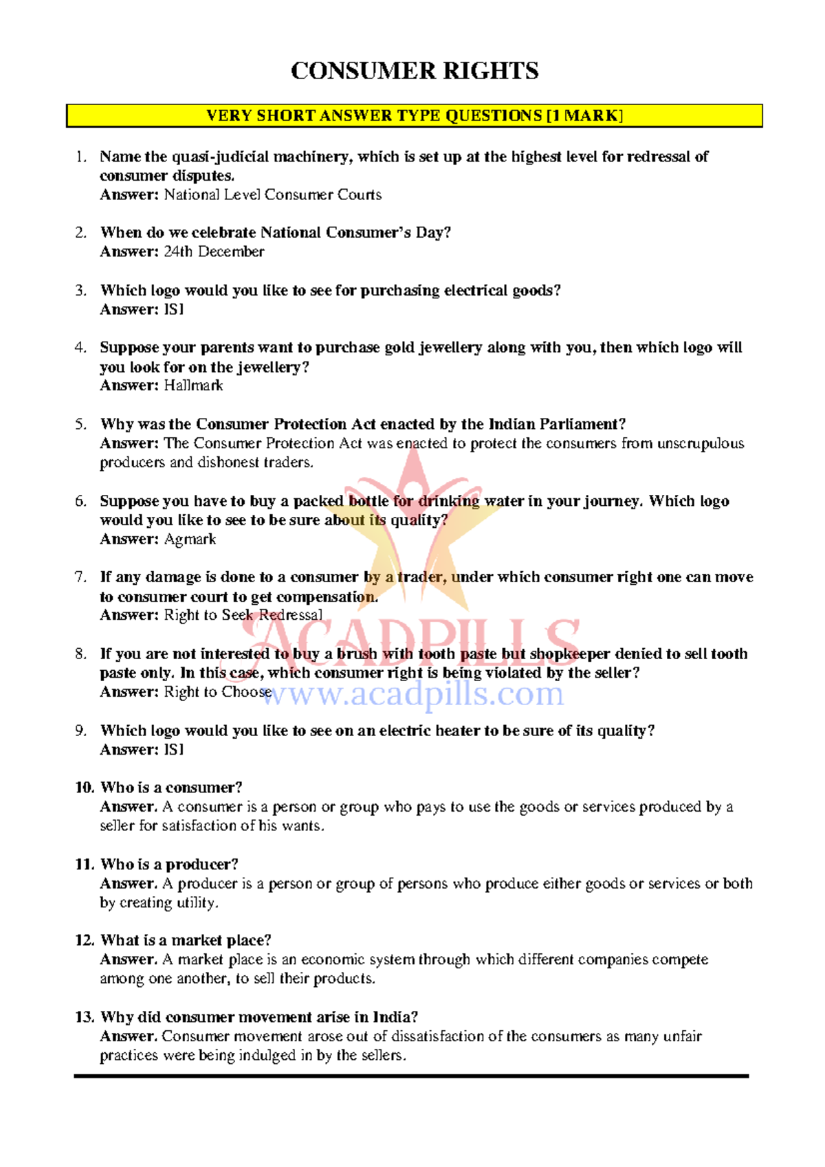 Consumer Rights most important questions - CONSUMER RIGHTS VERY SHORT ...