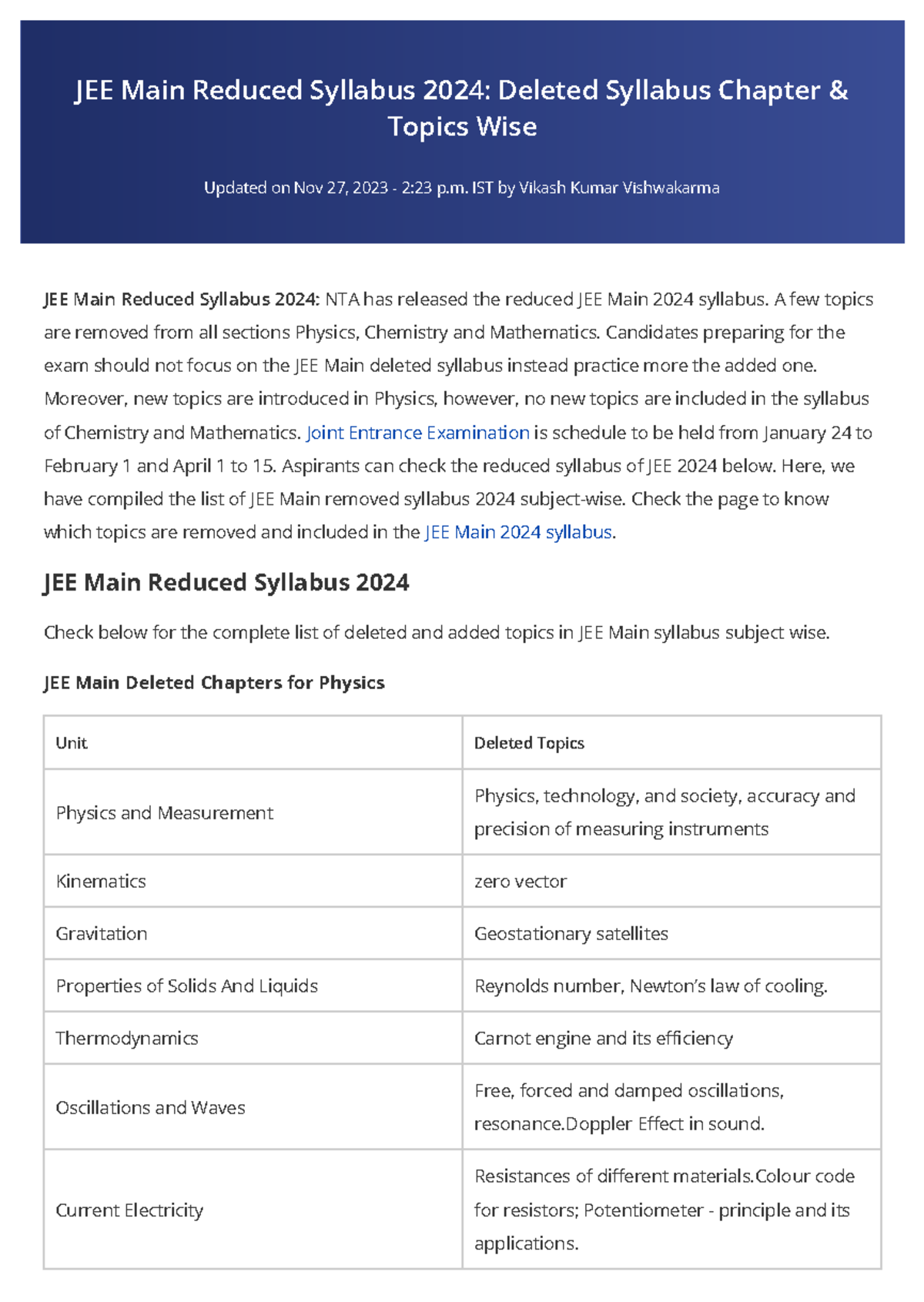 Article 143147 - JEE Main Reduced Syllabus 2024: Deleted Syllabus ...