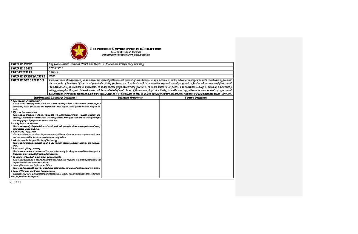 Pathfit 1 Movement Competency Training - POLYTECHNIC UNIVERSITY OF THE ...