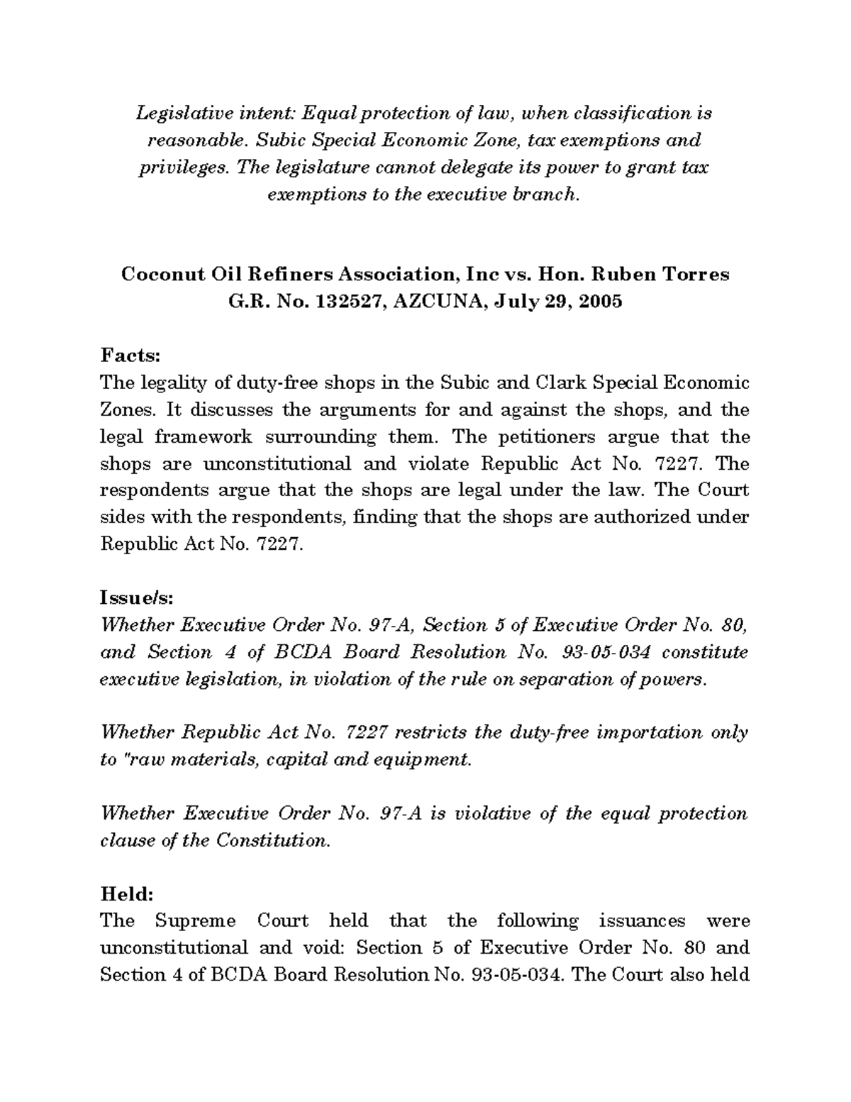 Coconut Oil Refiners v. Torres 2005 - Legislative intent: Equal ...