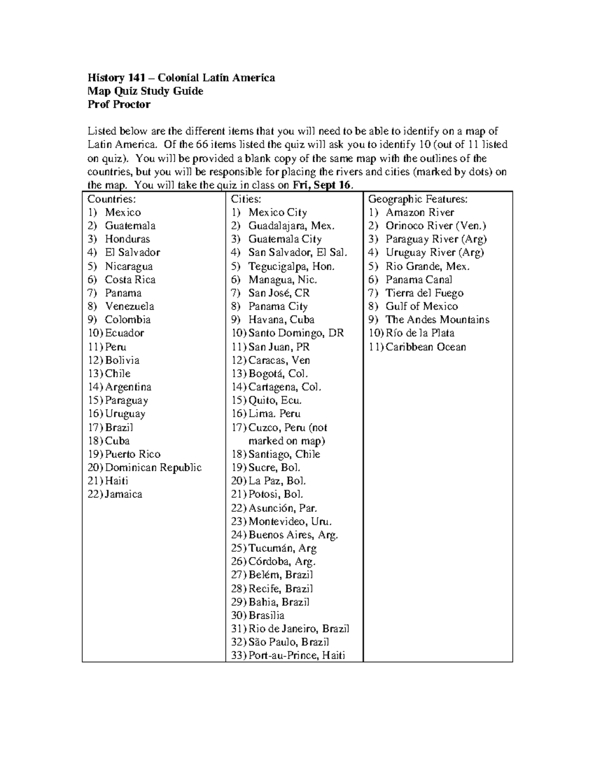 F22 Map Quiz handout - History 1 41 – Colonial Latin America Map Quiz ...