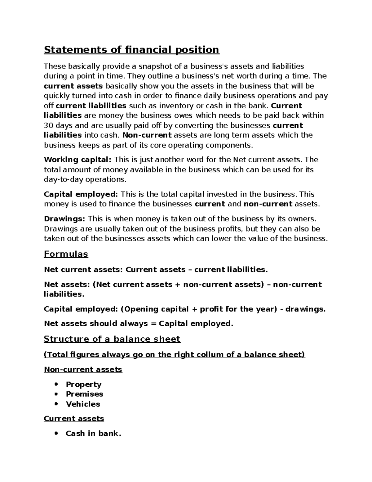 Statements of financial position and liquidity ratios - Statements of ...