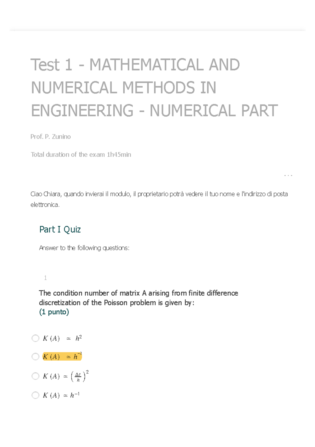 Tema d'esame numerical - Test 1 - MATHEMATICAL AND NUMERICAL METHODS IN ...
