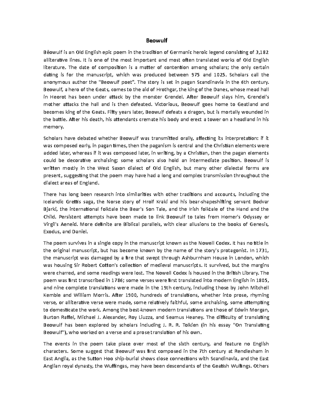 Beowulf - Beowulf Bēowulf is an Old English epic poem in the tradition ...
