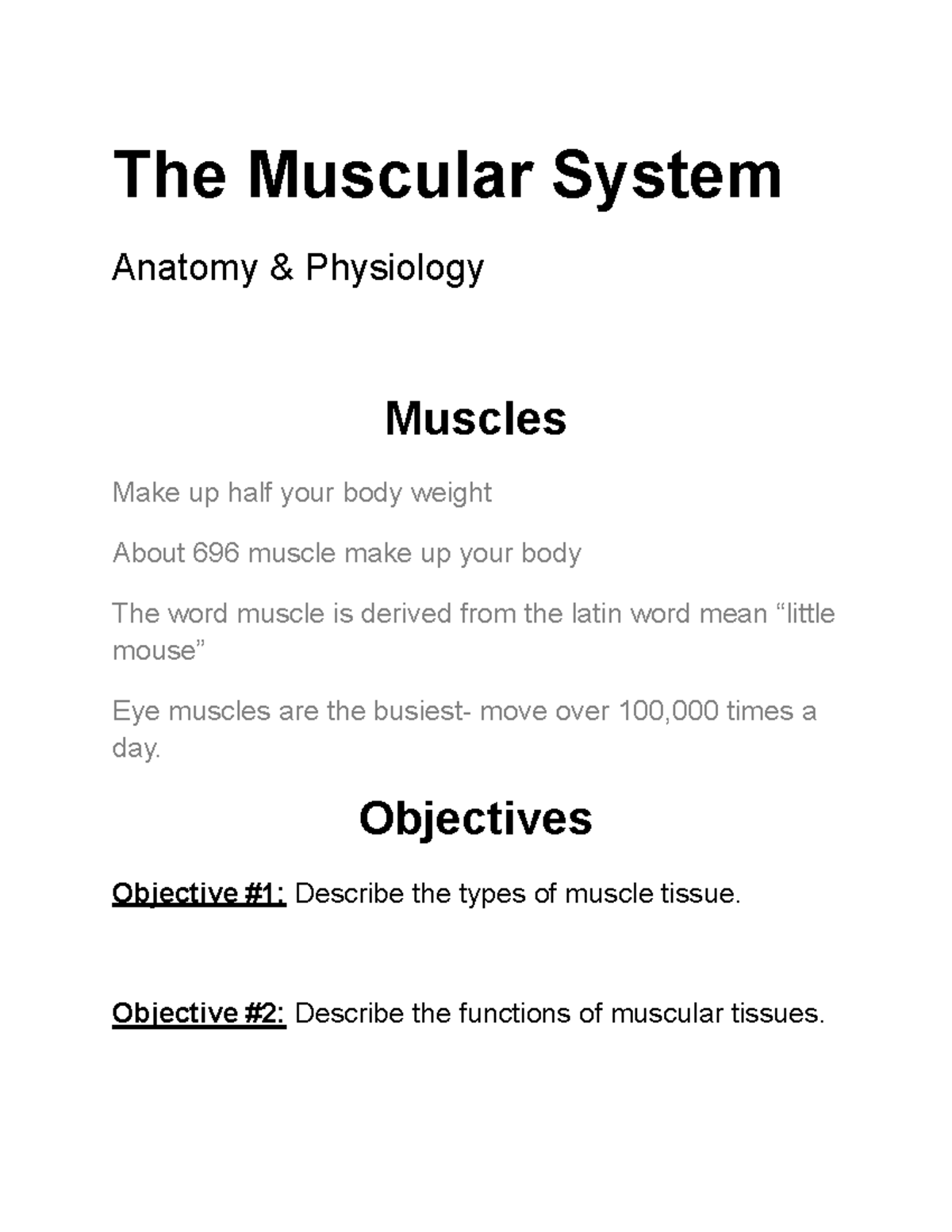 The Muscular System - notes - The Muscular System Anatomy & Physiology ...