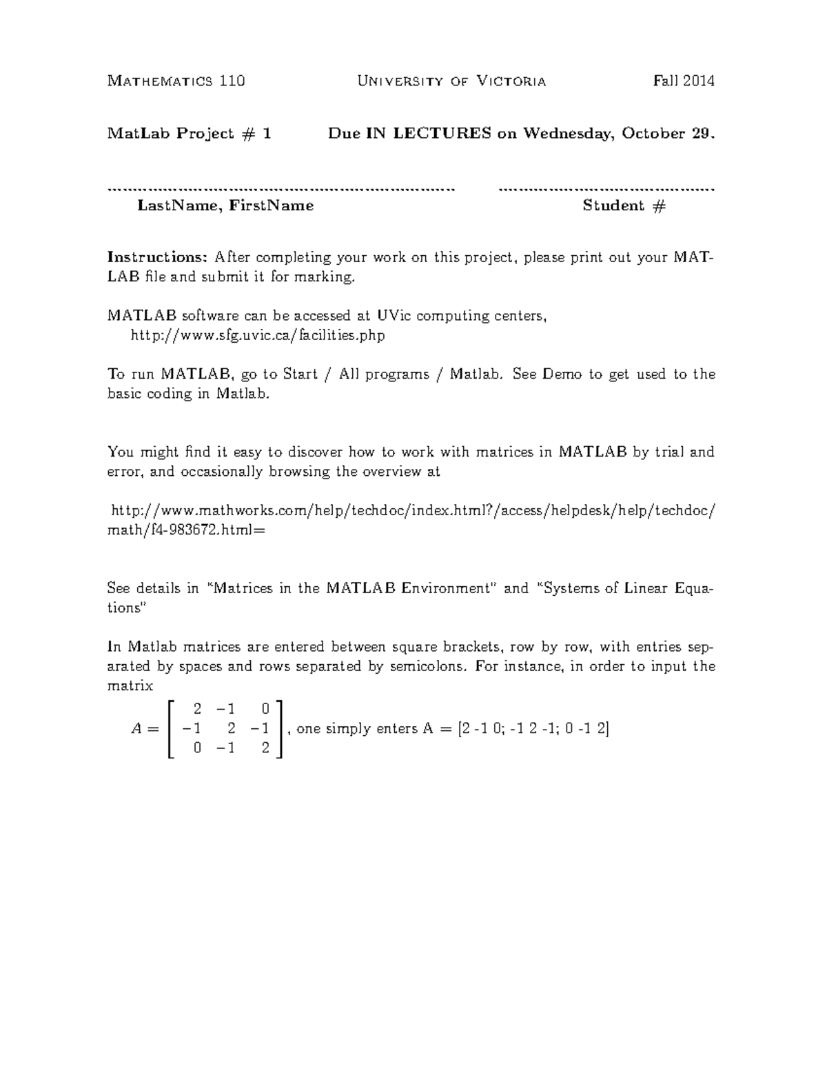 Practicum Matrix Algebra Engineers Matlab Project 1 - Mathematics 110 ...