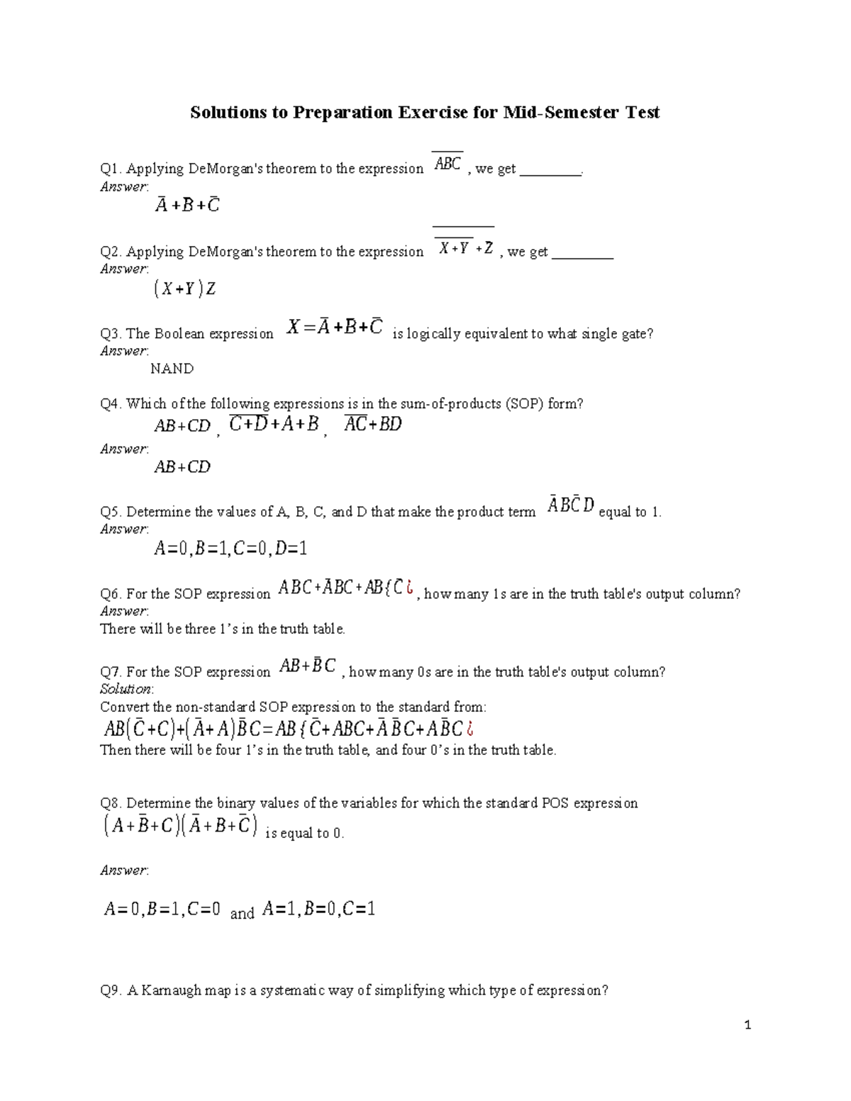 Mid Semester Prep With Solutions Solutions To Preparation Exercise For Mid Semester Test Q1