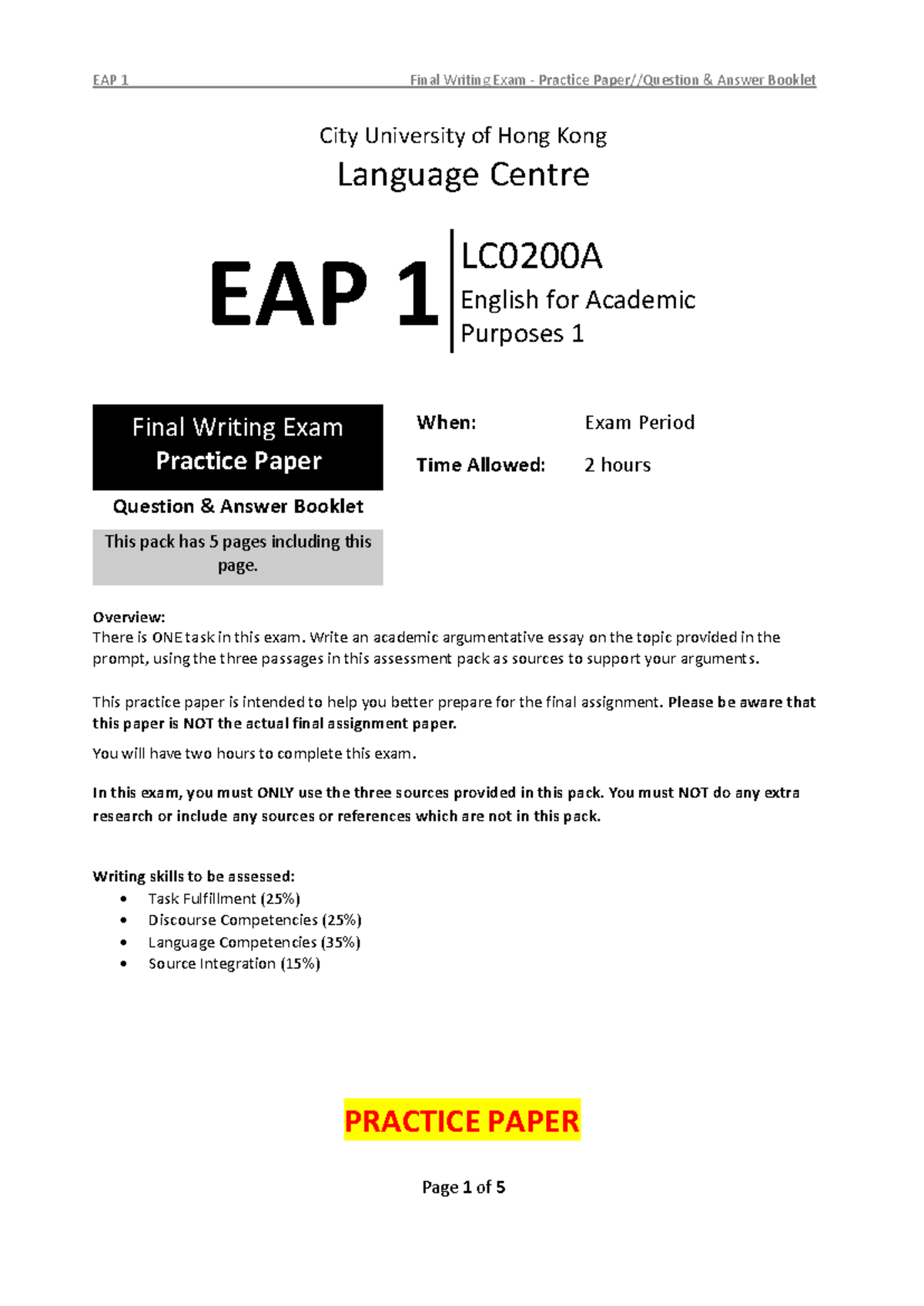 EAP 1 - Final Writing Exam - Practice Paper - Q&A Booklet - V1.3 (1) (1 ...