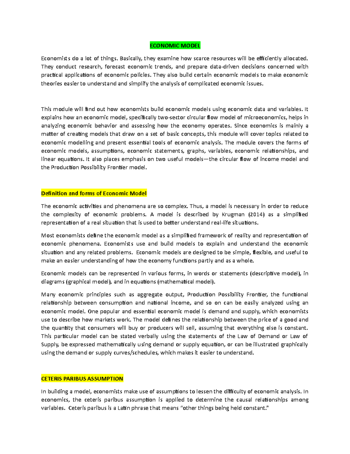 Study Guide in BAC 2 Basic Economics(Module 2) - ECONOMIC MODEL ...