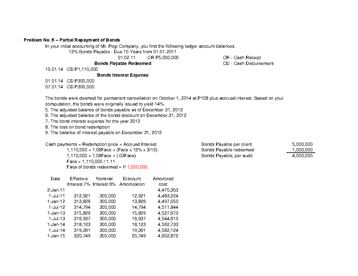 Partial Repayment of Bonds - Problem No. 5 – Partial Repayment of Bonds ...