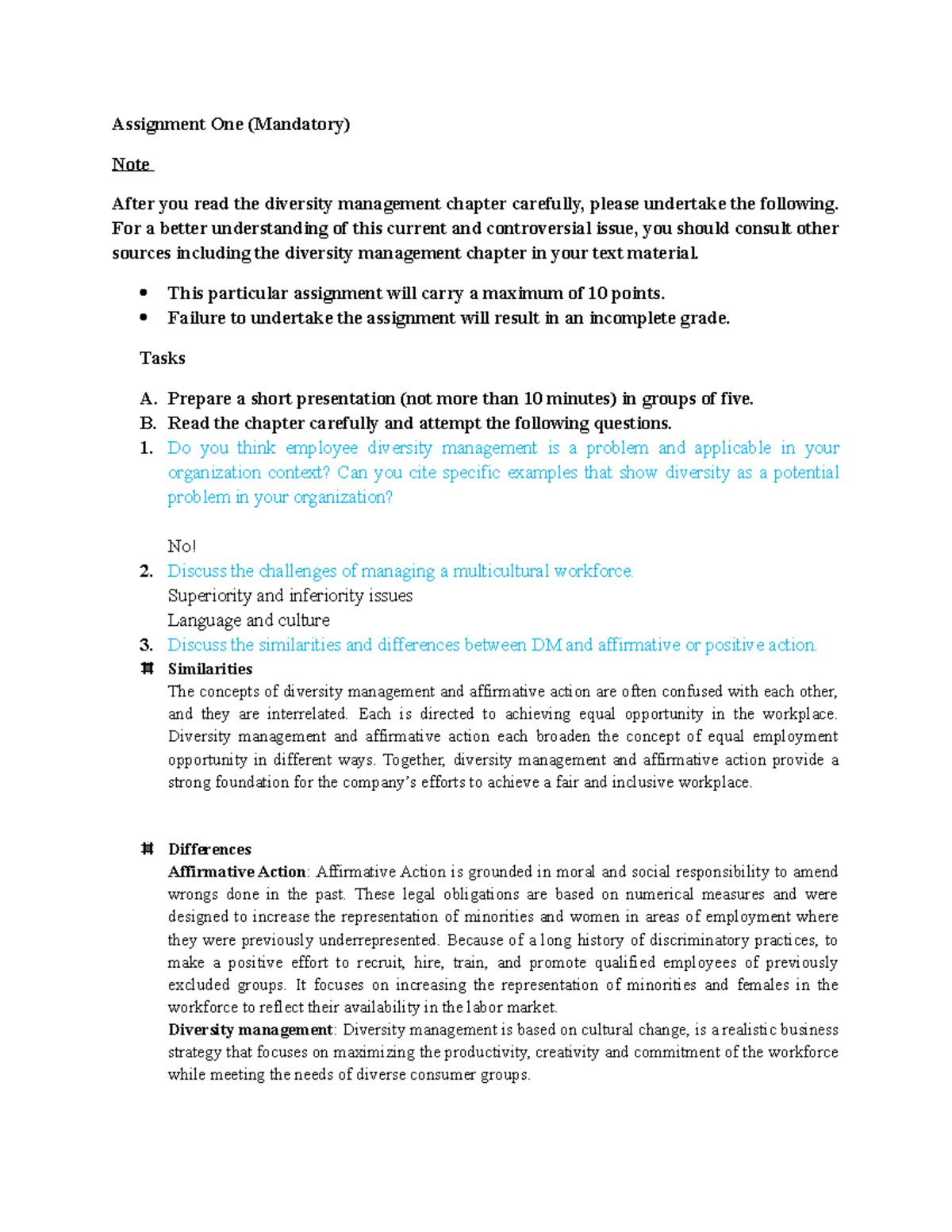 Diversity Management Assignment - Assignment One (Mandatory) Note After ...