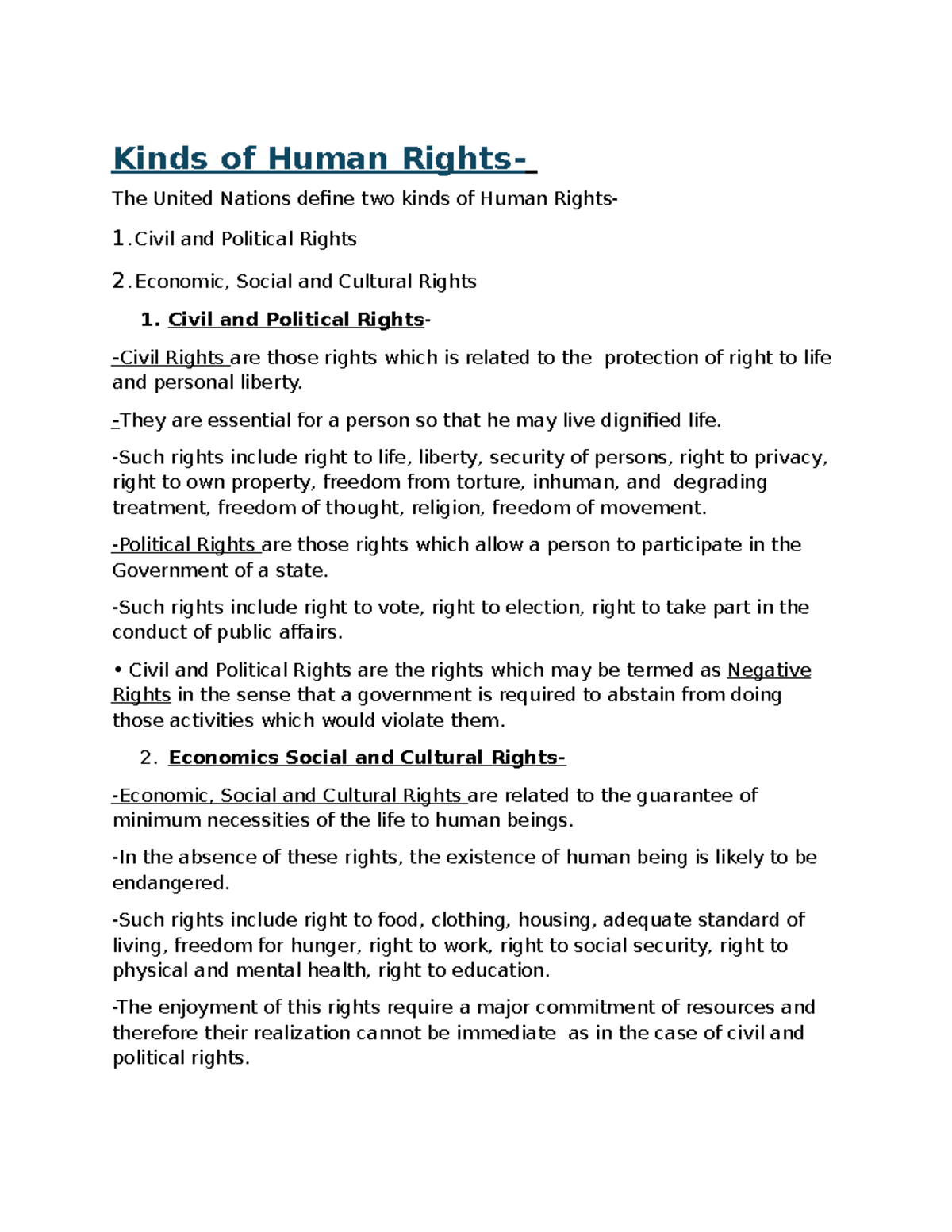 Document (13) - Law - Kinds of Human Rights- The United Nations define ...