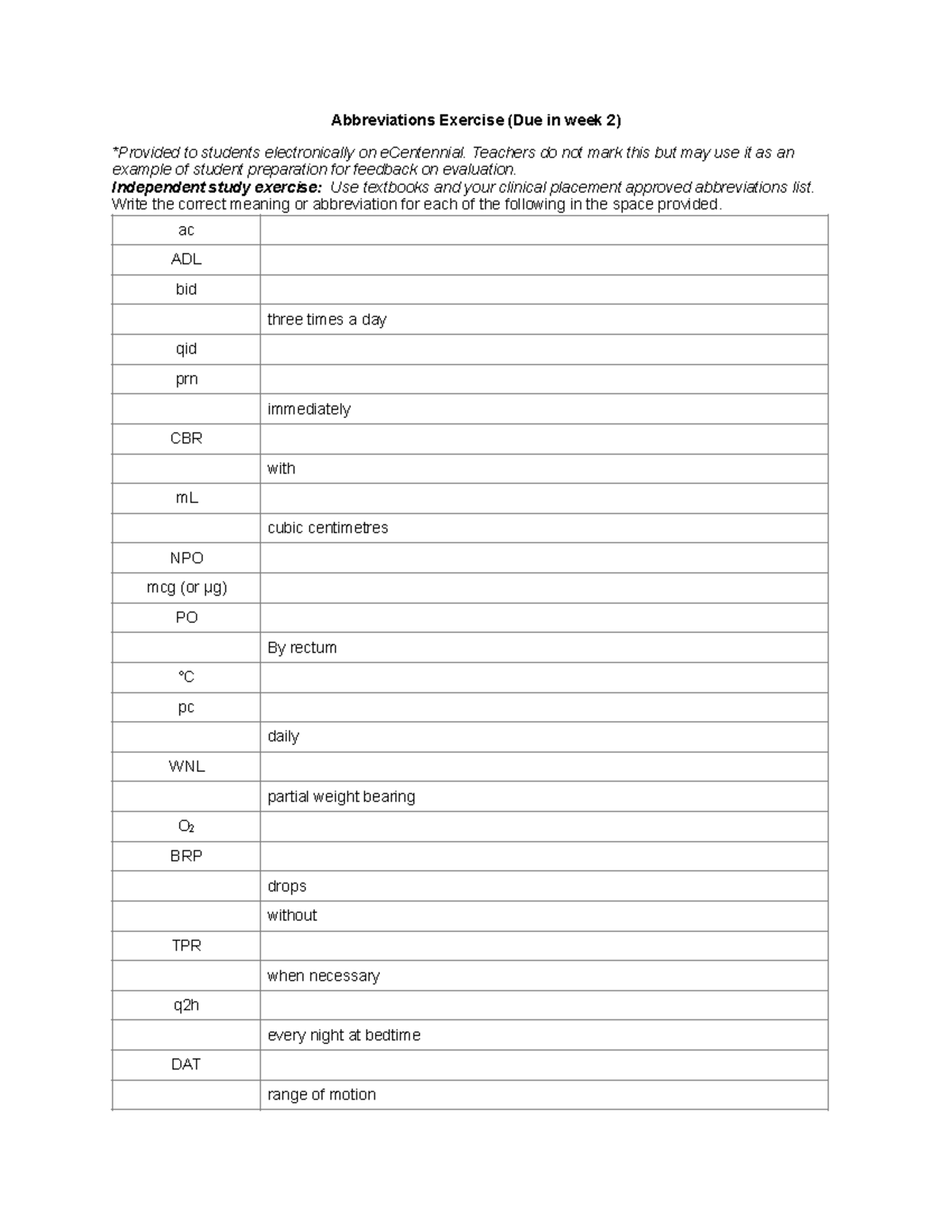 Abbreviations Exercise - Teachers do not mark this but may use it as an ...