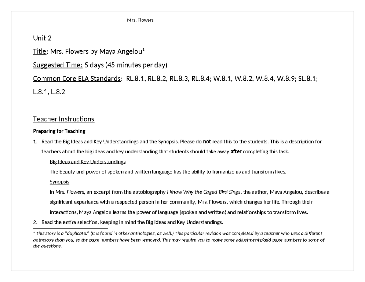 8. Mrs. Flowers. lesson - Story - Unit 2 Title: Mrs. Flowers by Maya ...