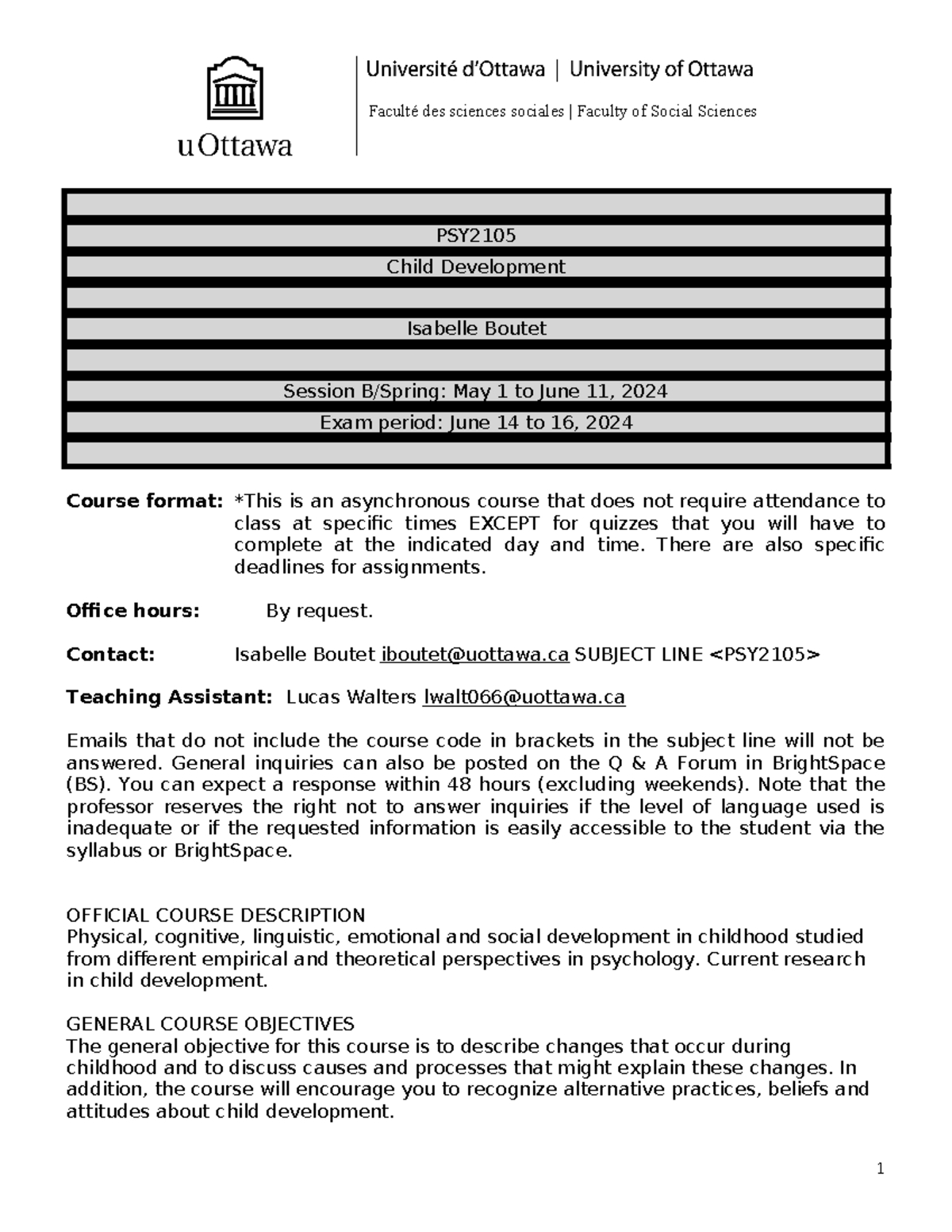 PSY2105 Syllabus Spring 20241 - PSY Child Development Isabelle Boutet ...