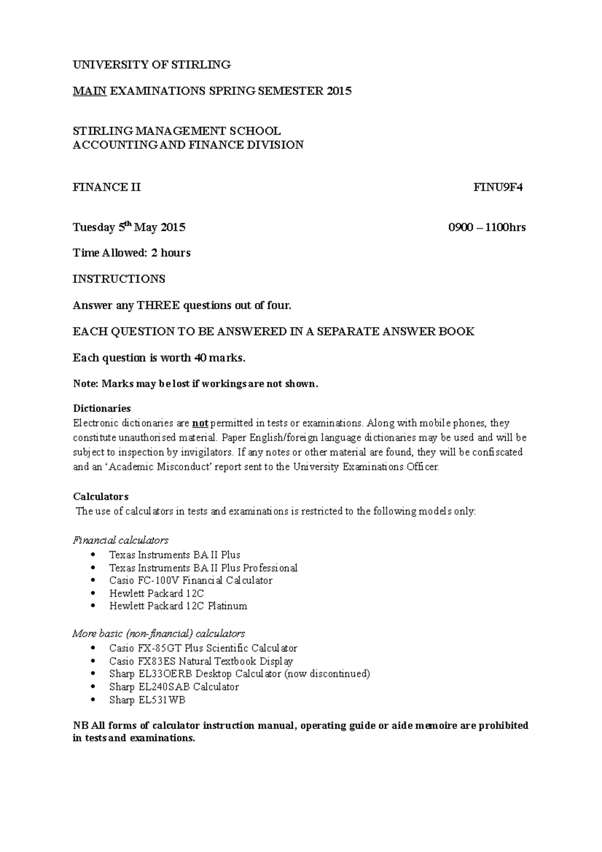 Sample/practice exam 5 May 2015, questions - UNIVERSITY OF STIRLING ...