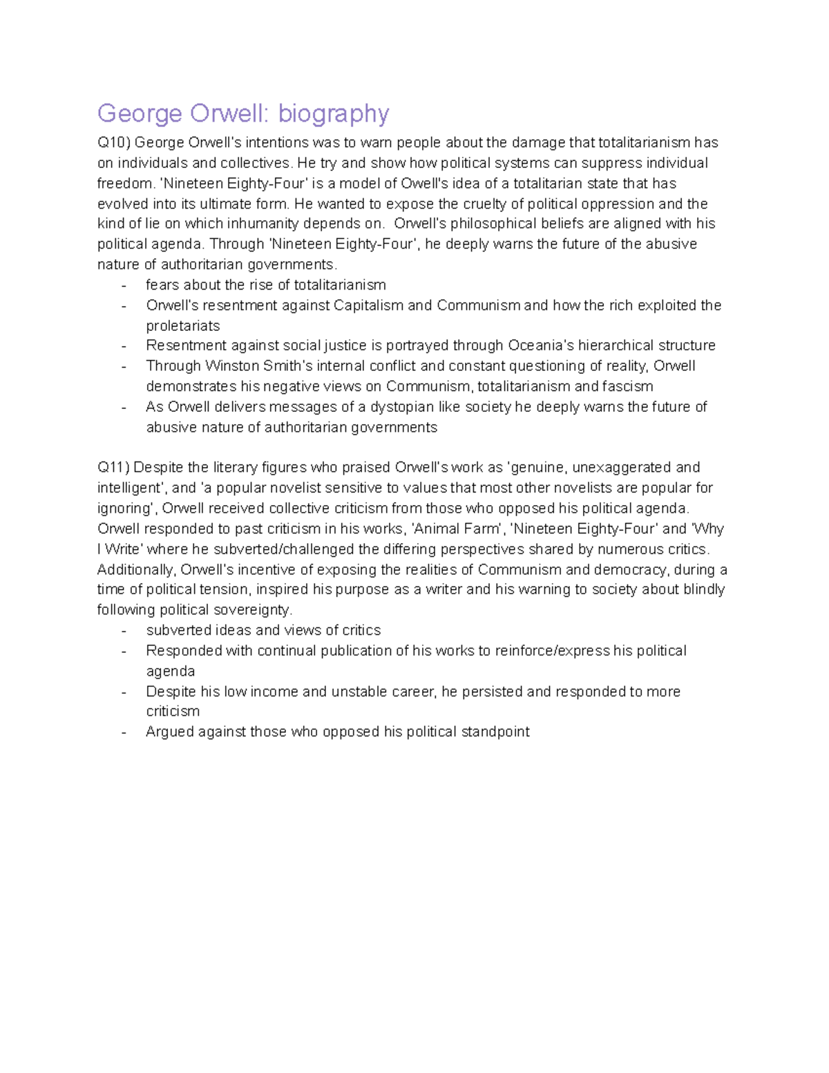 Biography workshop George Orwell - George Orwell: biography Q10) George ...