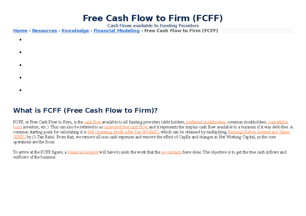 Free Cash Flow to Firm Notes - 12 - Free Cash Flow to Firm (FCFF) Cash ...