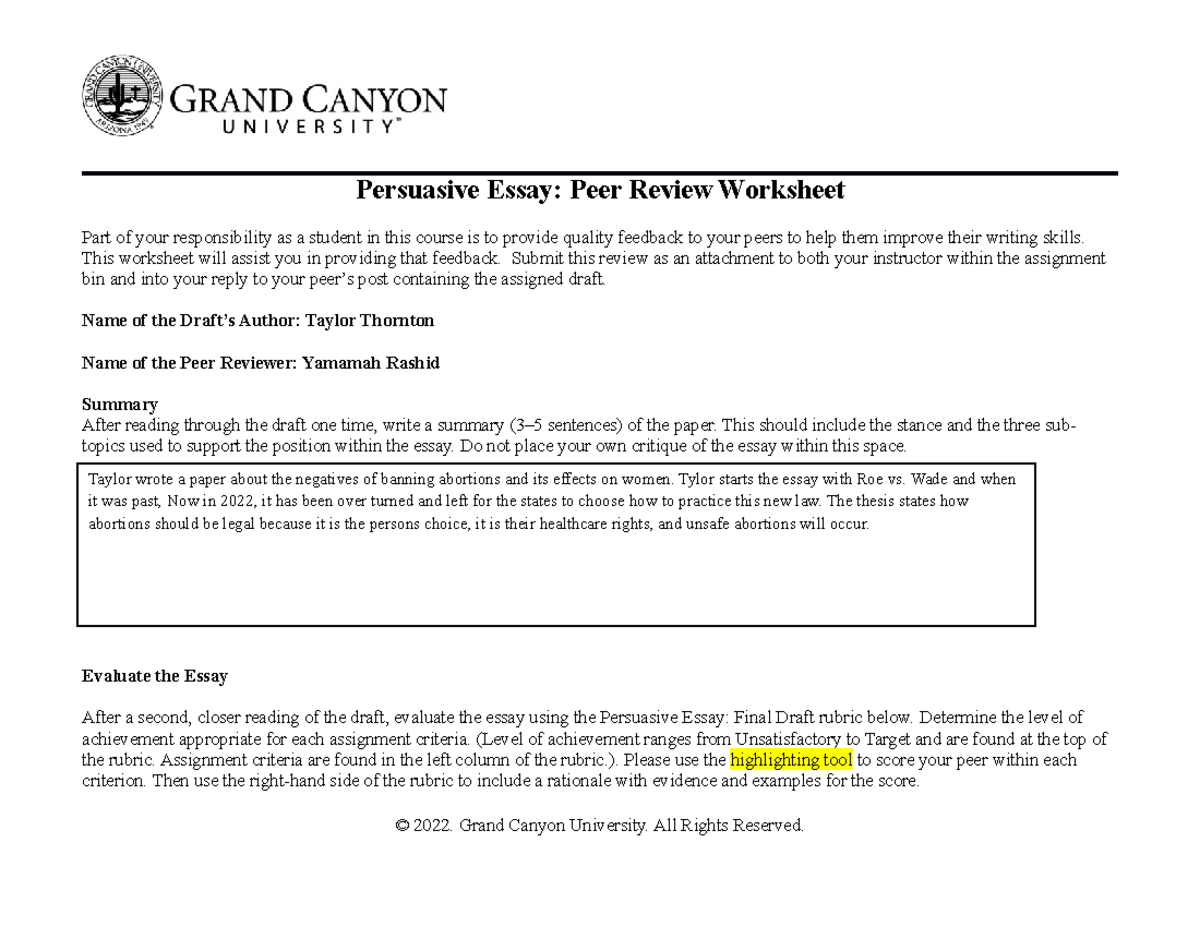 T-6 Peer Review Worksheet PHI105 - Persuasive Essay: Peer Review ...